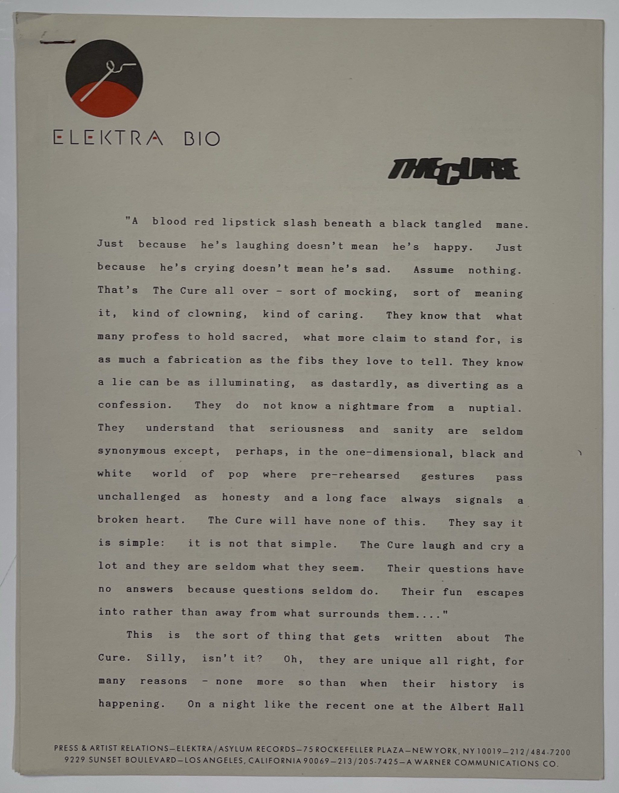 Lot 161 - THE CURE - AN ORIGINAL ELEKTRA PRESS KIT AND