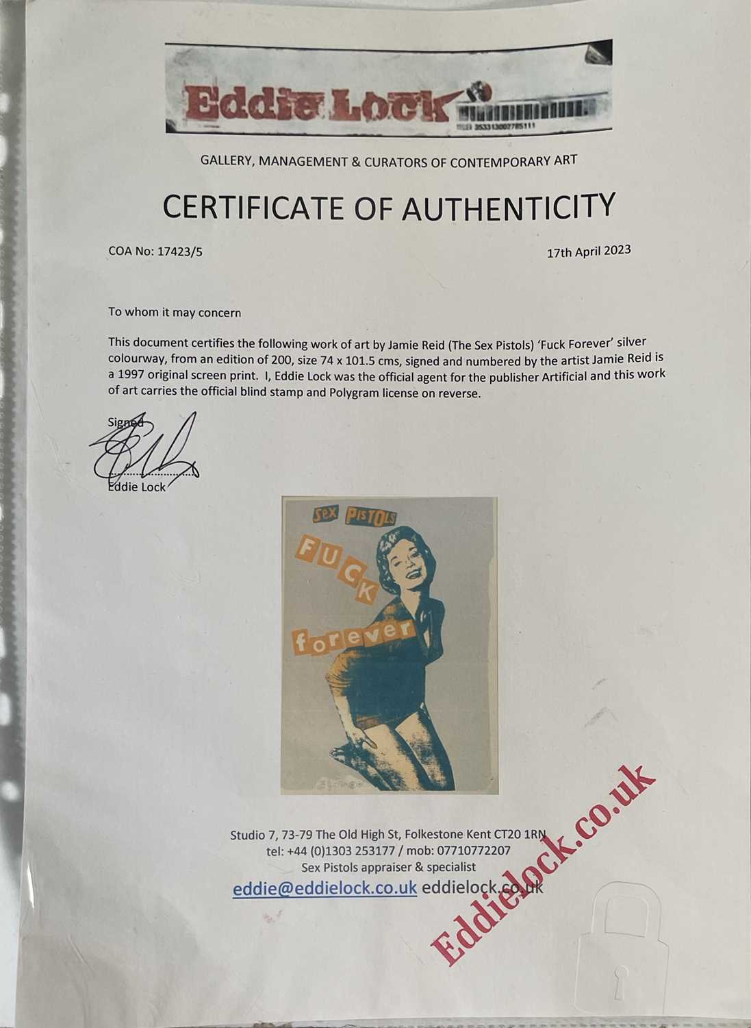 Lot 87 - SEX PISTOLS INTEREST - JAMIE REID SIGNED