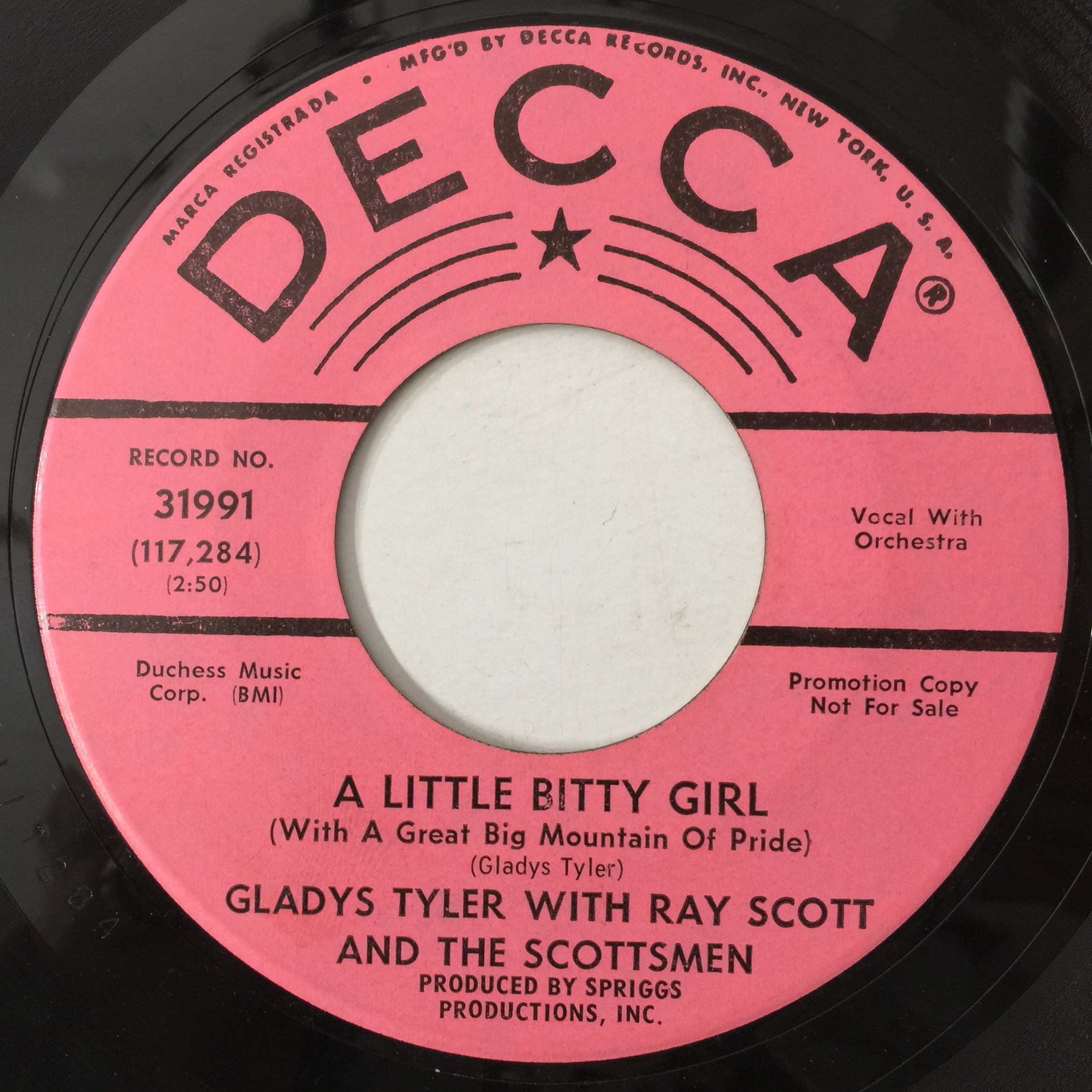 Lot 1 - GLADYS TYLER - A LITTLE BITTY GIRL 7" (US