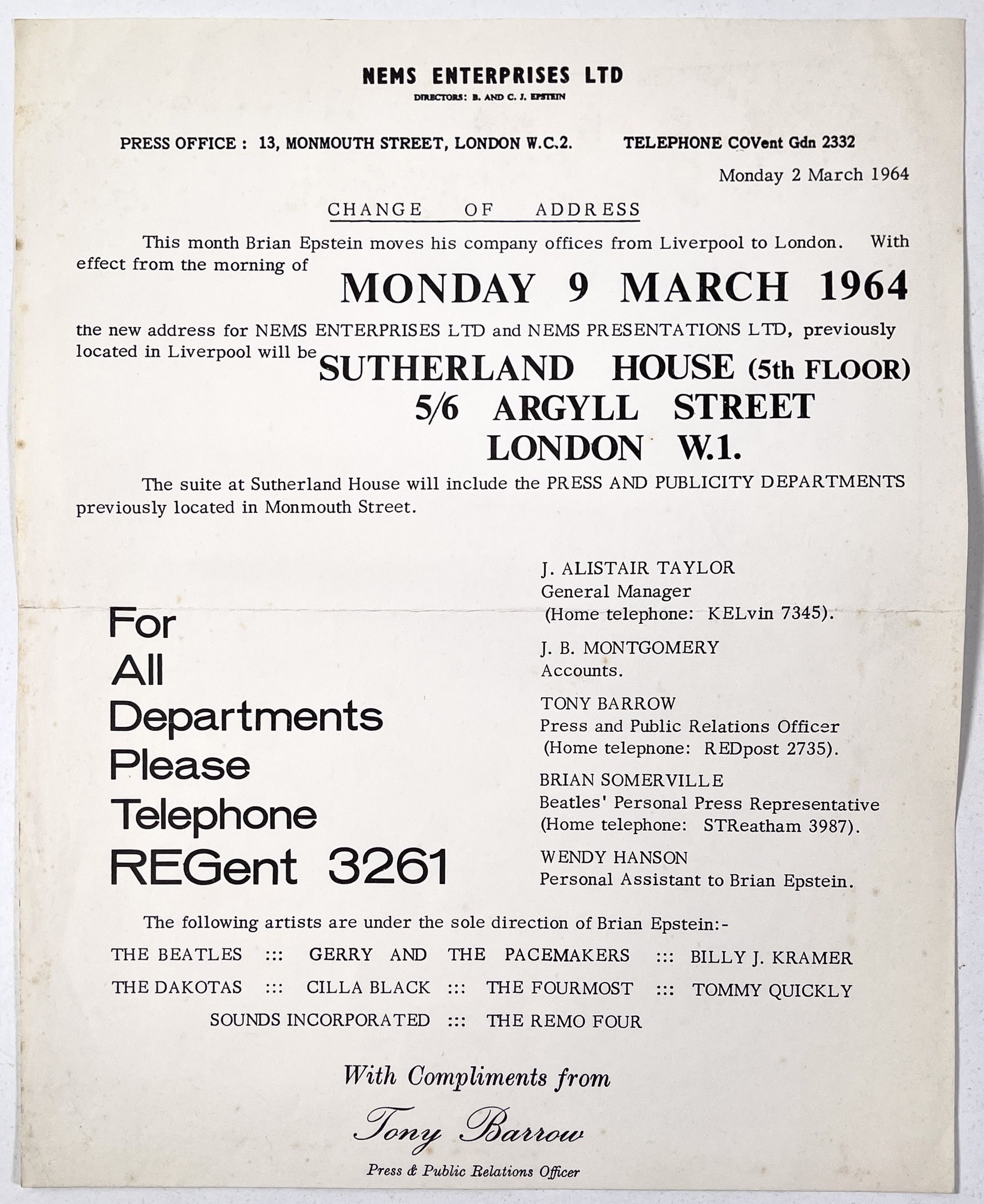 Lot 166 - THE BEATLES - NEMS INTEREST - NEMS CHANGE OF