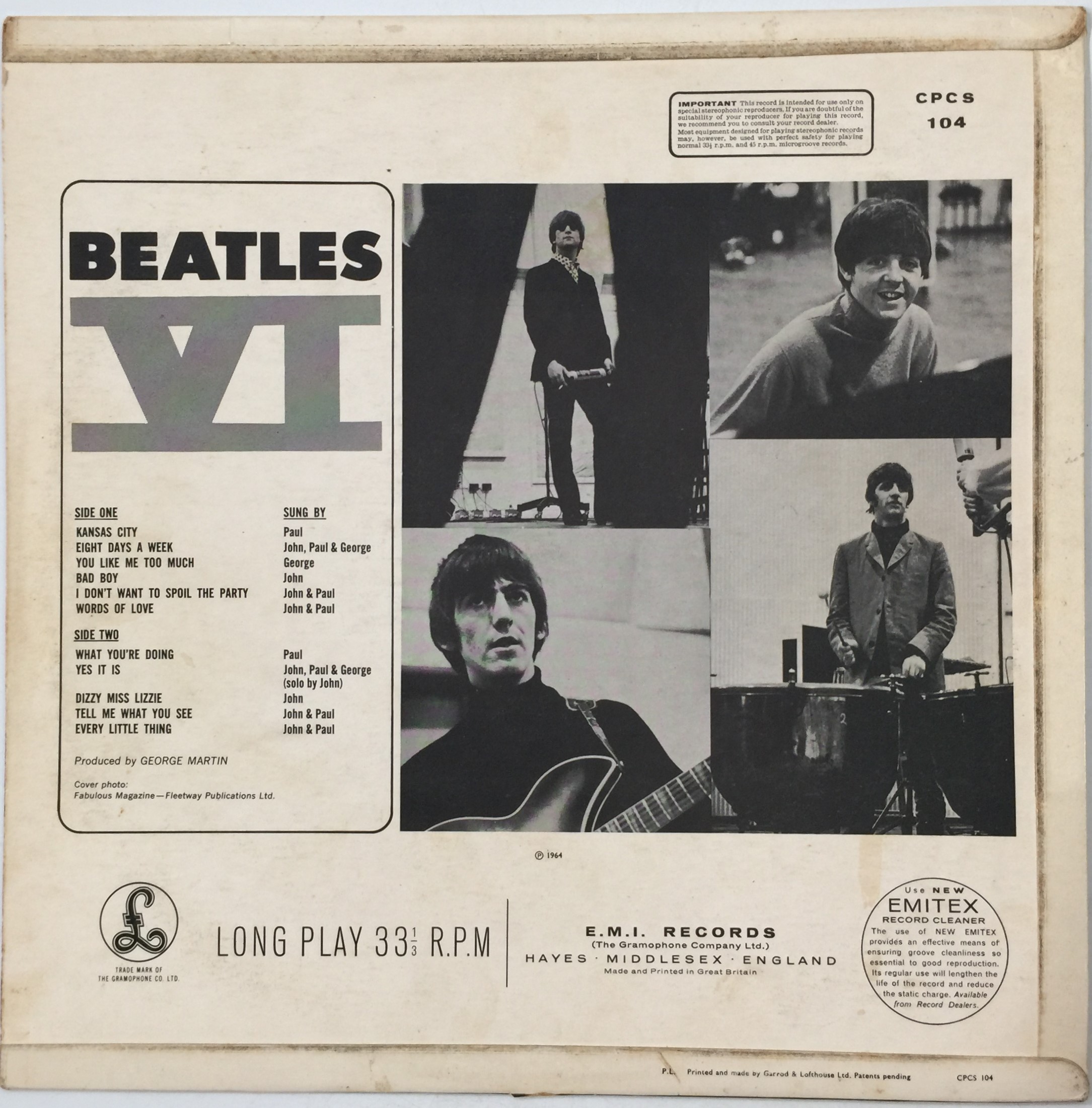 Lot 8 - THE BEATLES - VI LP (ORIGINAL EXPORT COPY