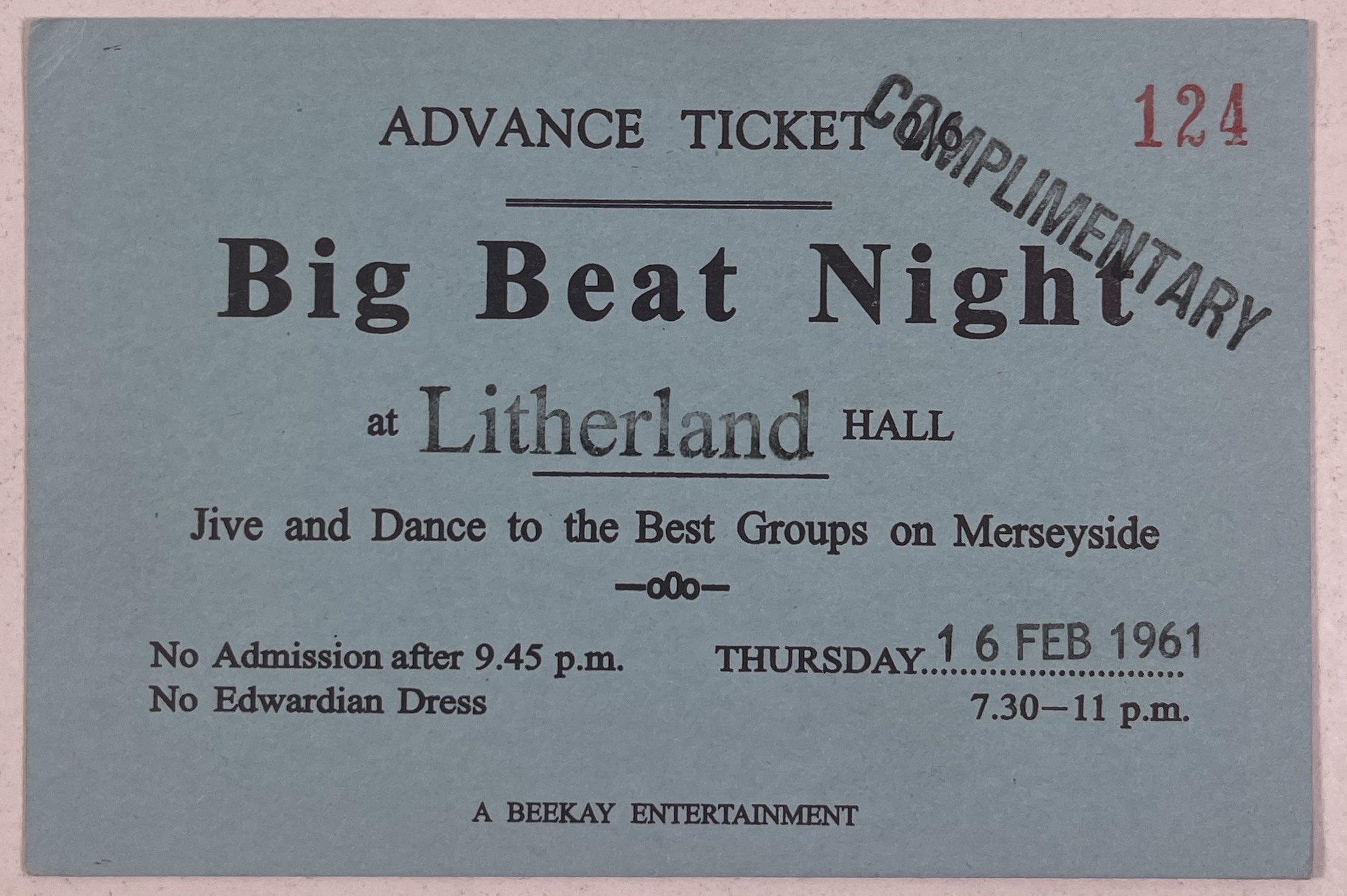 Lot 276 - 1961 BEATLES BIG BEAT LITHERLAND TICKET.