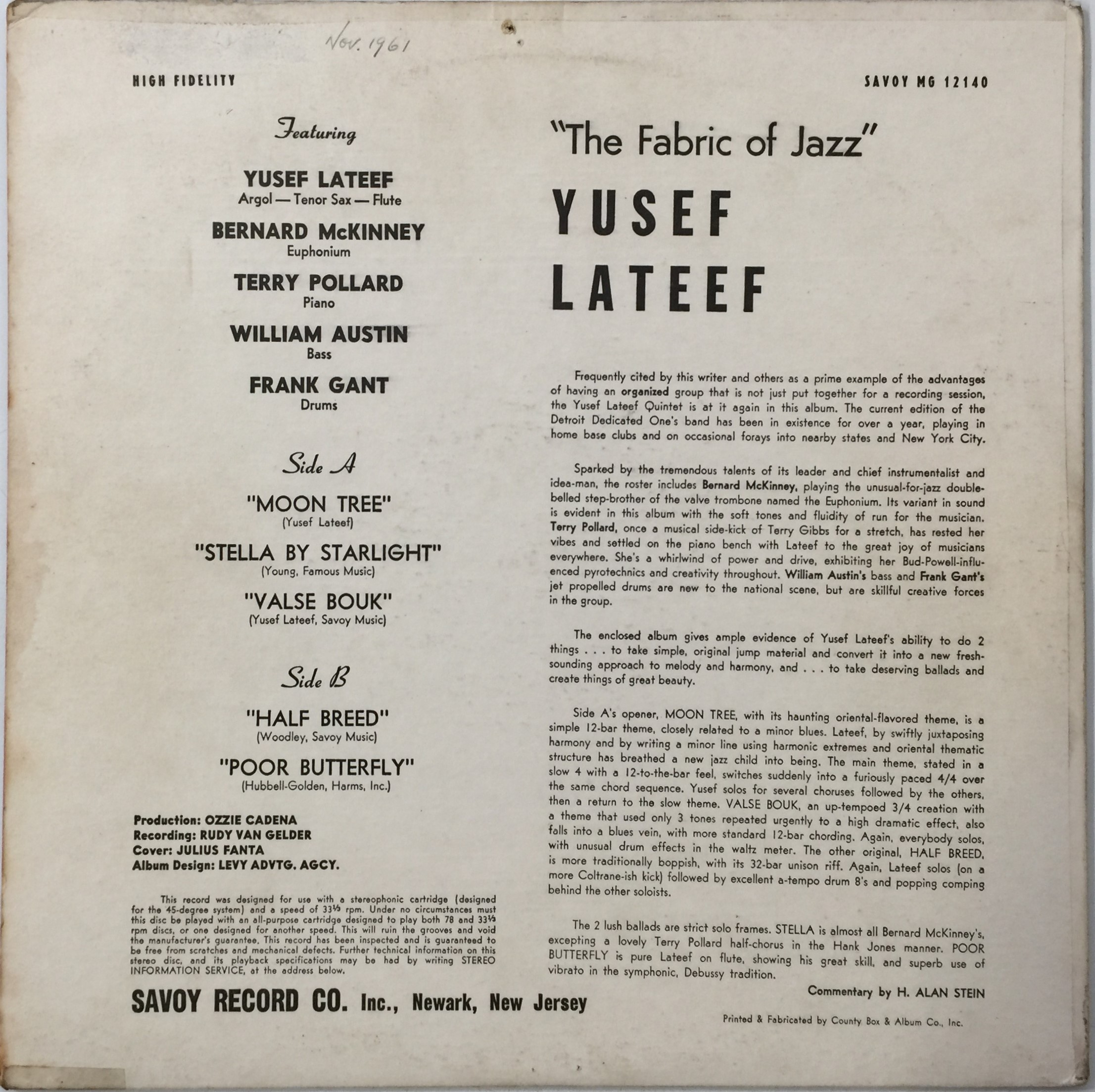 Lot 9 - YUSEF LATEEF - THE FABRIC OF JAZZ LP (SAVOY