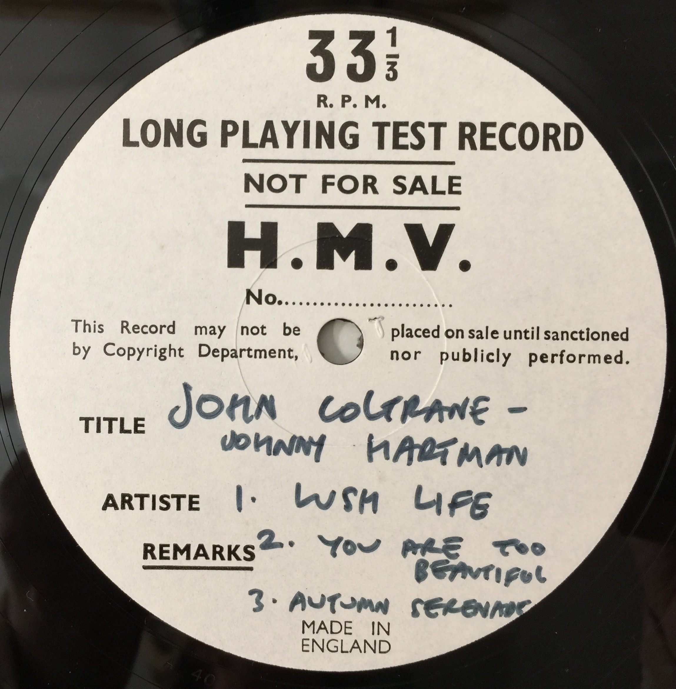 Lot 36 - JOHN COLTRANE AND JOHNNY HARTMAN LP (UK TEST