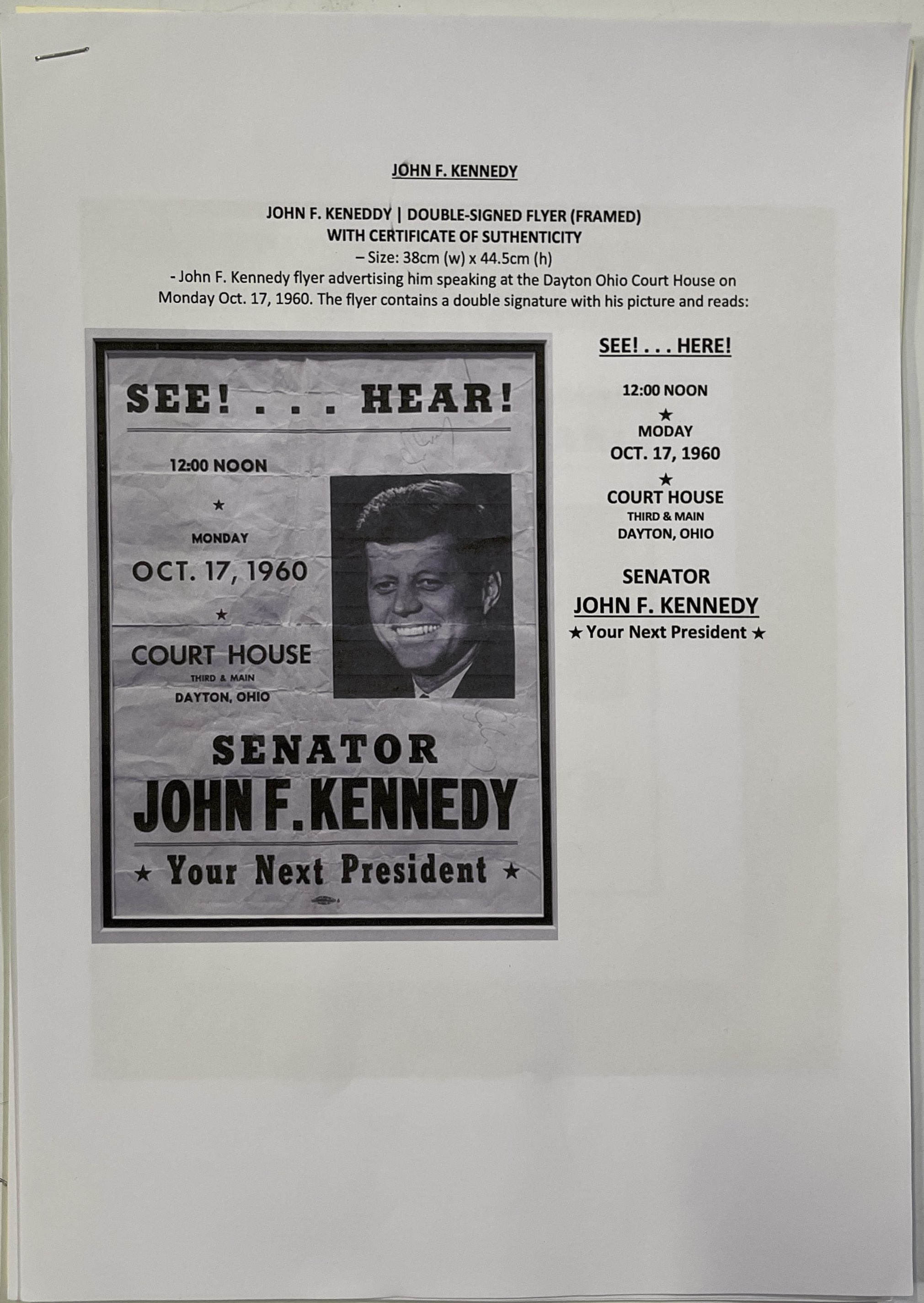 Lot 138 - DOUBLE SIGNED ORIGINAL JFK FLYER.