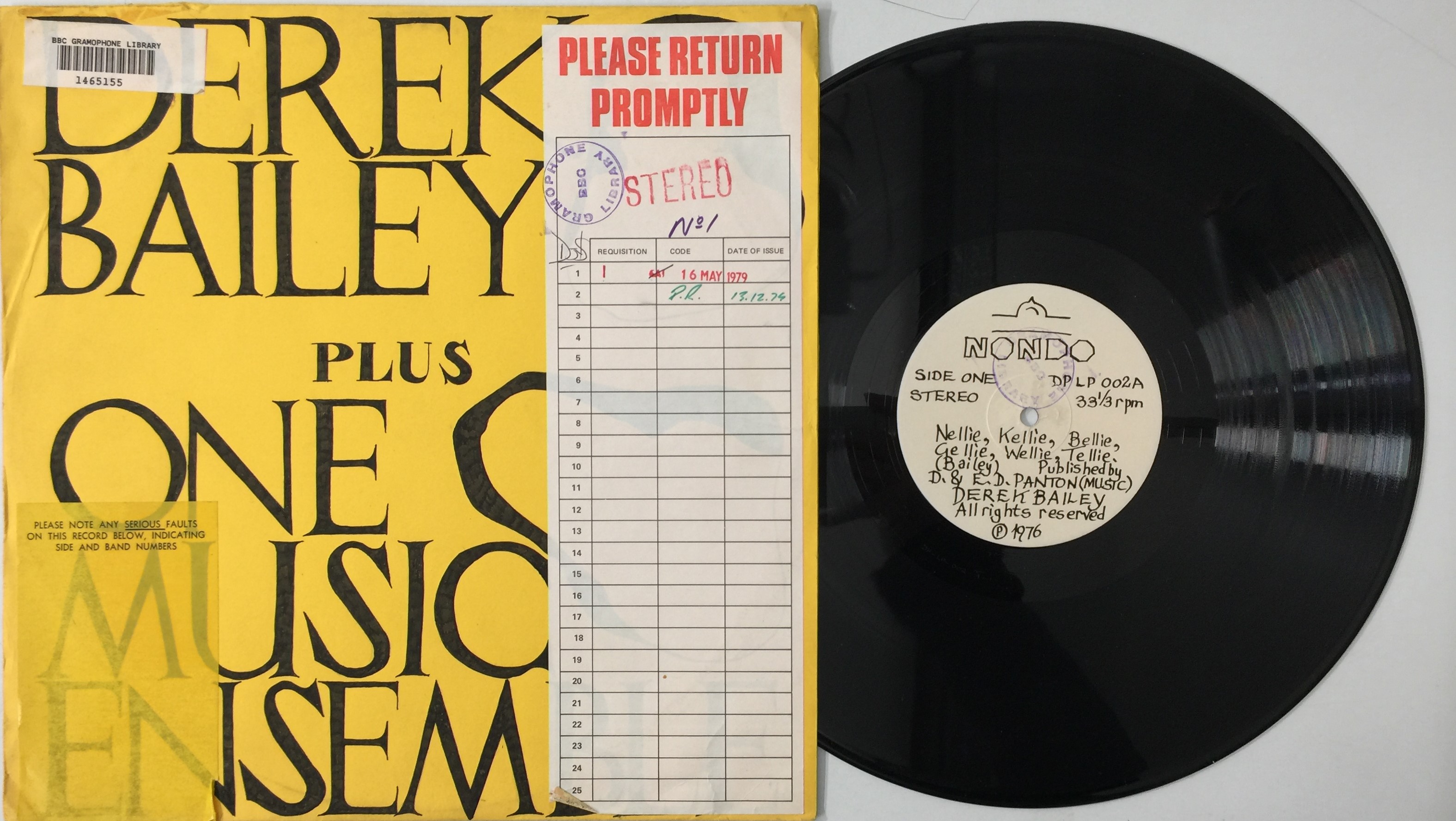 Lot 80 - DEREK BAILEY PLUS ONE MUSIC ENSEMBLE - S/T LP