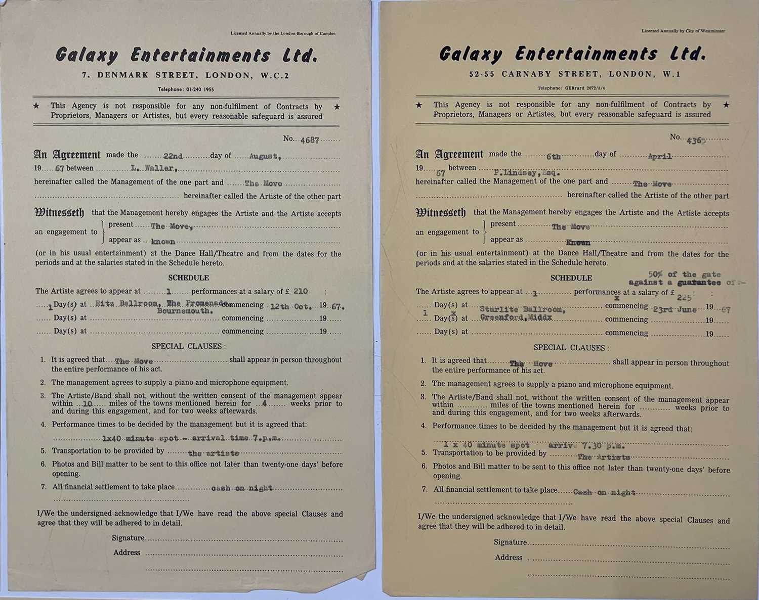 Lot 53 - THE MOVE - 1967 - CONCERT CONTRACT COLLECTION.