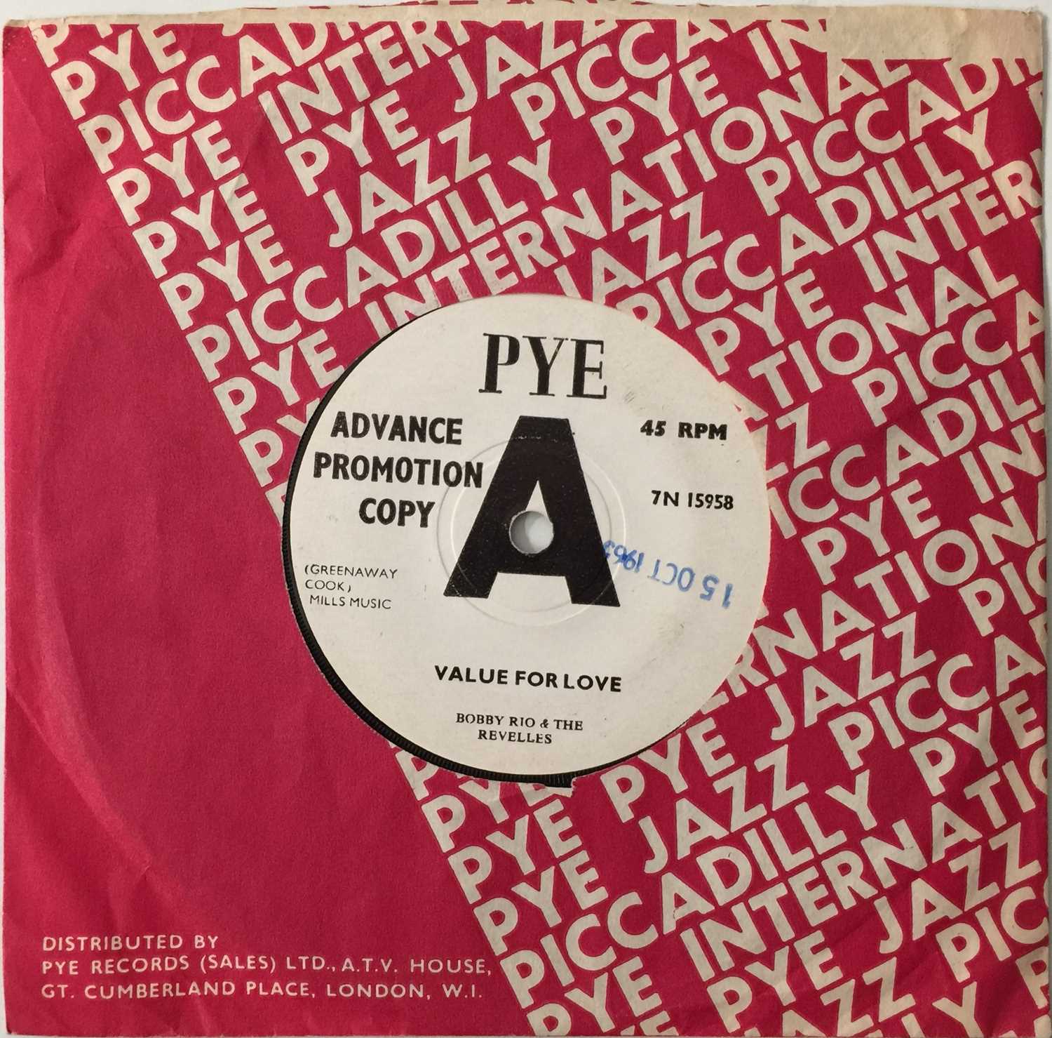 Lot 373 - BOBBY RIO & THE REVELLES - VALUE FOR LOVE 7"