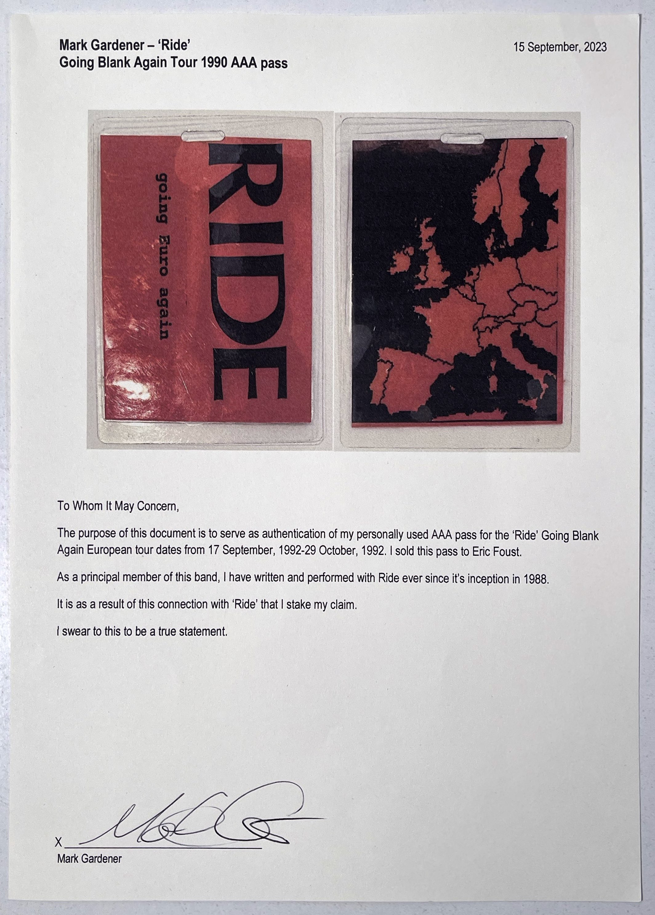 Lot 218 - RIDE - MARK GARDENER'S PERSONAL AAA PASSES.