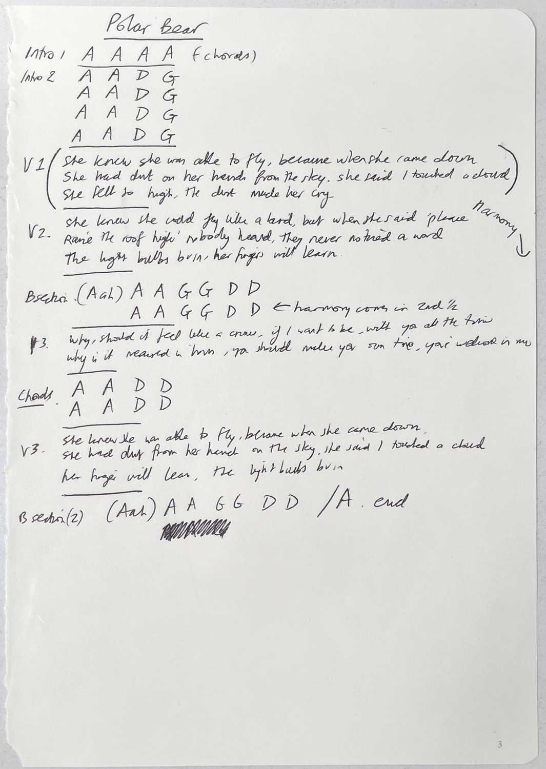 Lot 221 - RIDE - ORIGINAL HANDWRITTEN CHORD SHEETS AND