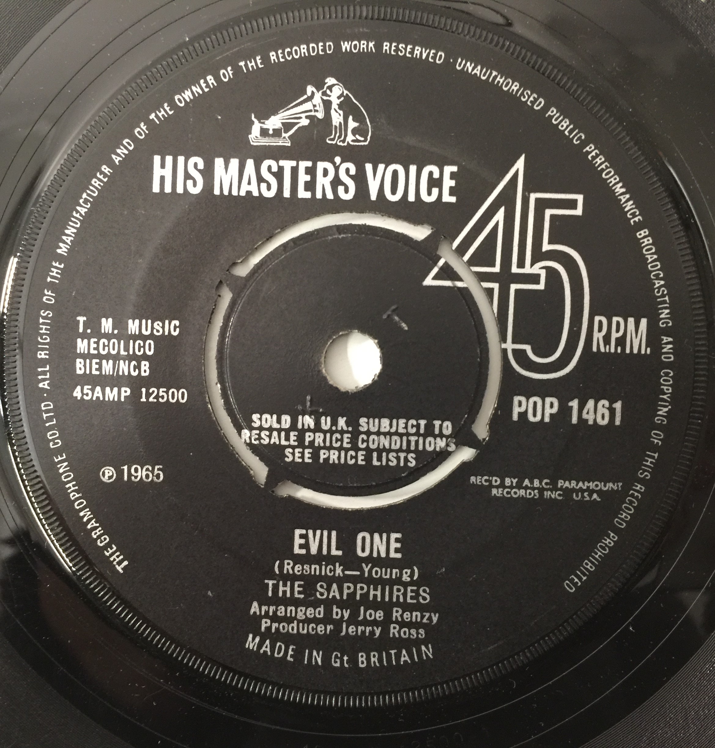 Lot 16 - THE SAPPHIRES - EVIL ONE 7" (HIS MASTERS