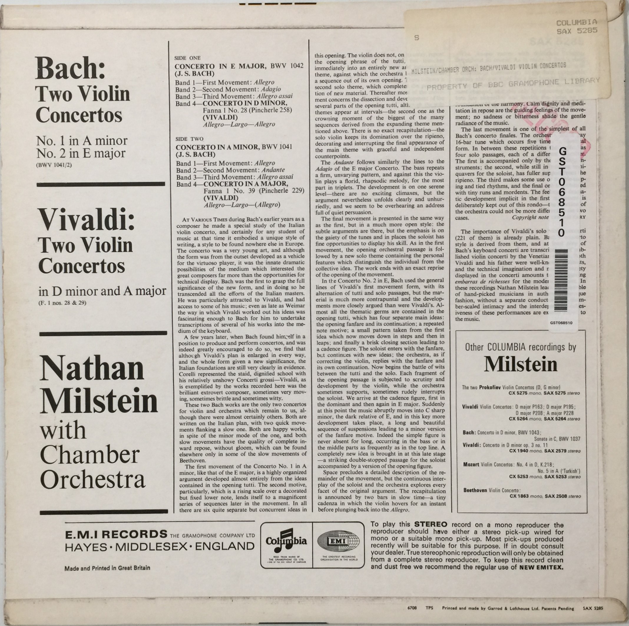 Lot 109 - NATHAN MILSTEIN - BACH TWO VIOLIN CONCERTOS
