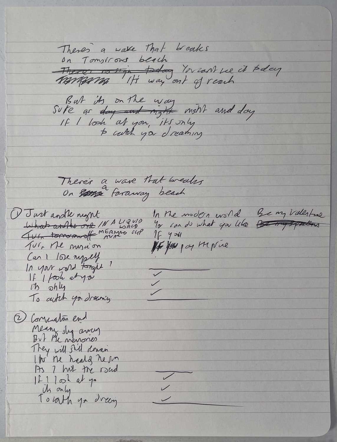 Lot 476 - RIDE - ANDY BELL ORIGINAL DRAFT LYRICS FOR