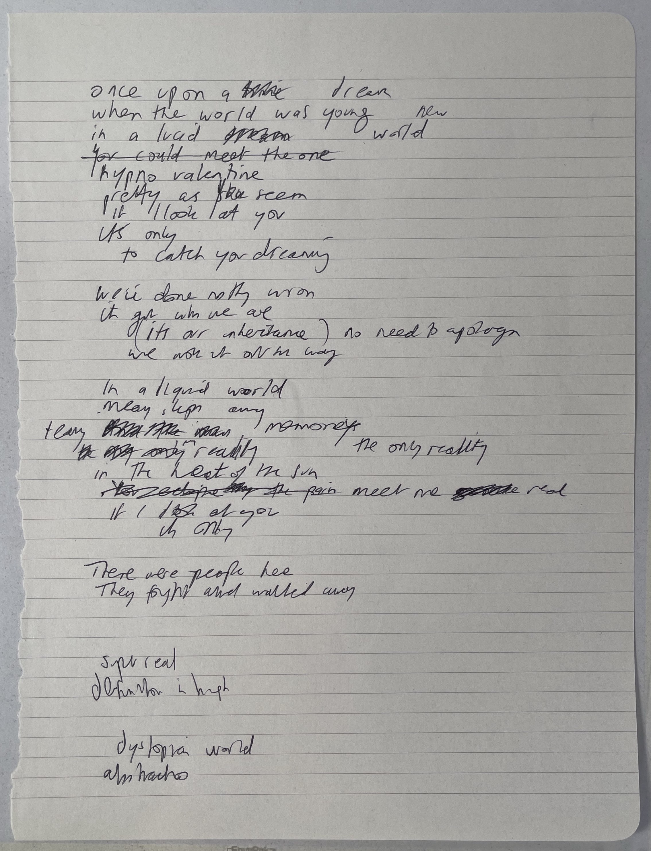 Lot 476 - RIDE - ANDY BELL ORIGINAL DRAFT LYRICS FOR