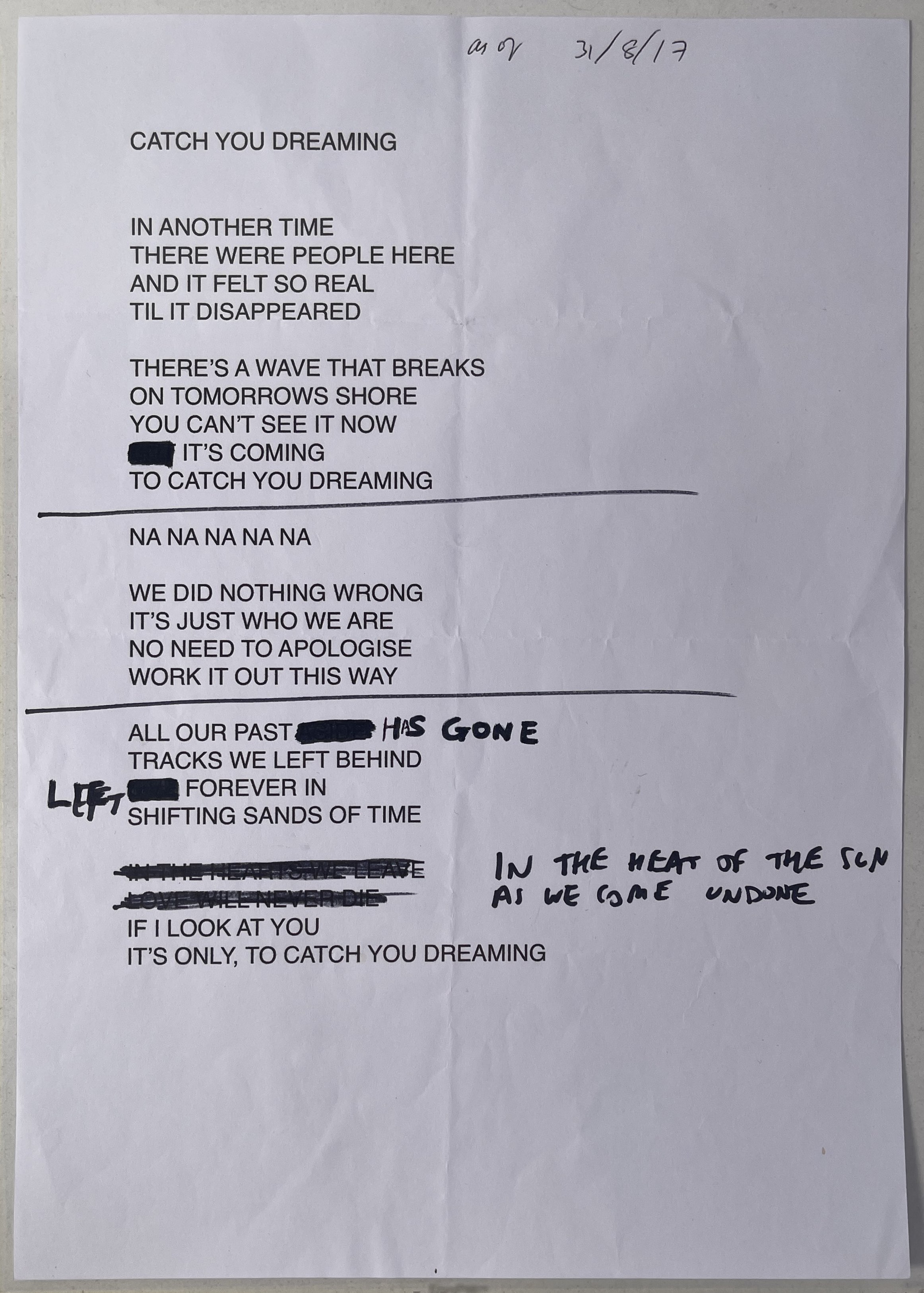 Lot 476 - RIDE - ANDY BELL ORIGINAL DRAFT LYRICS FOR