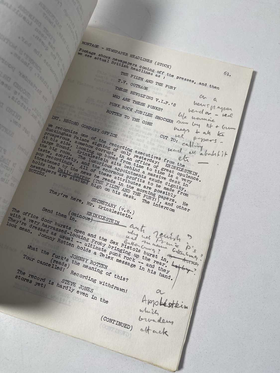 Lot 529 The Sex Pistols Early Draft Script For 6097