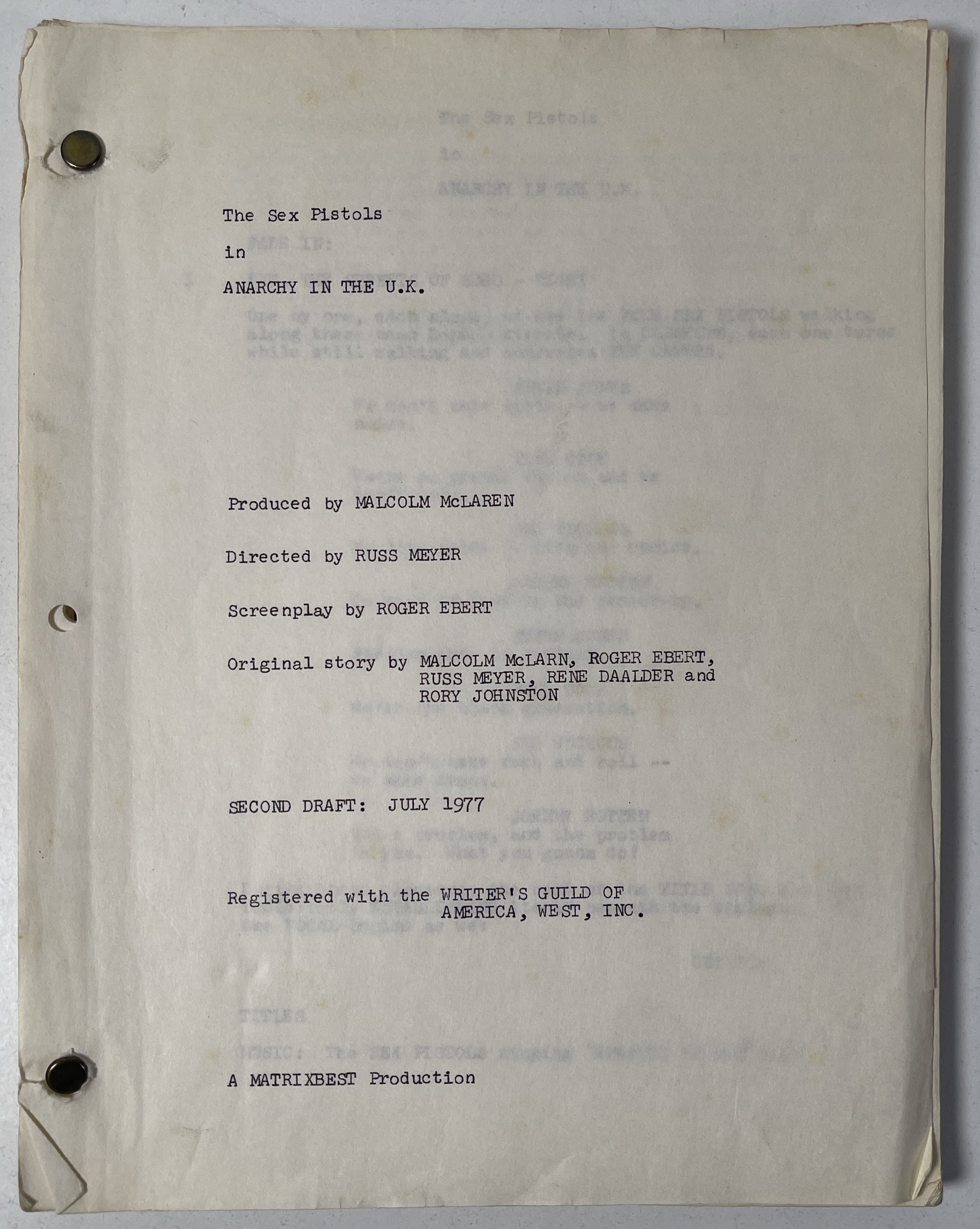 Lot 529 - THE SEX PISTOLS - EARLY DRAFT SCRIPT FOR