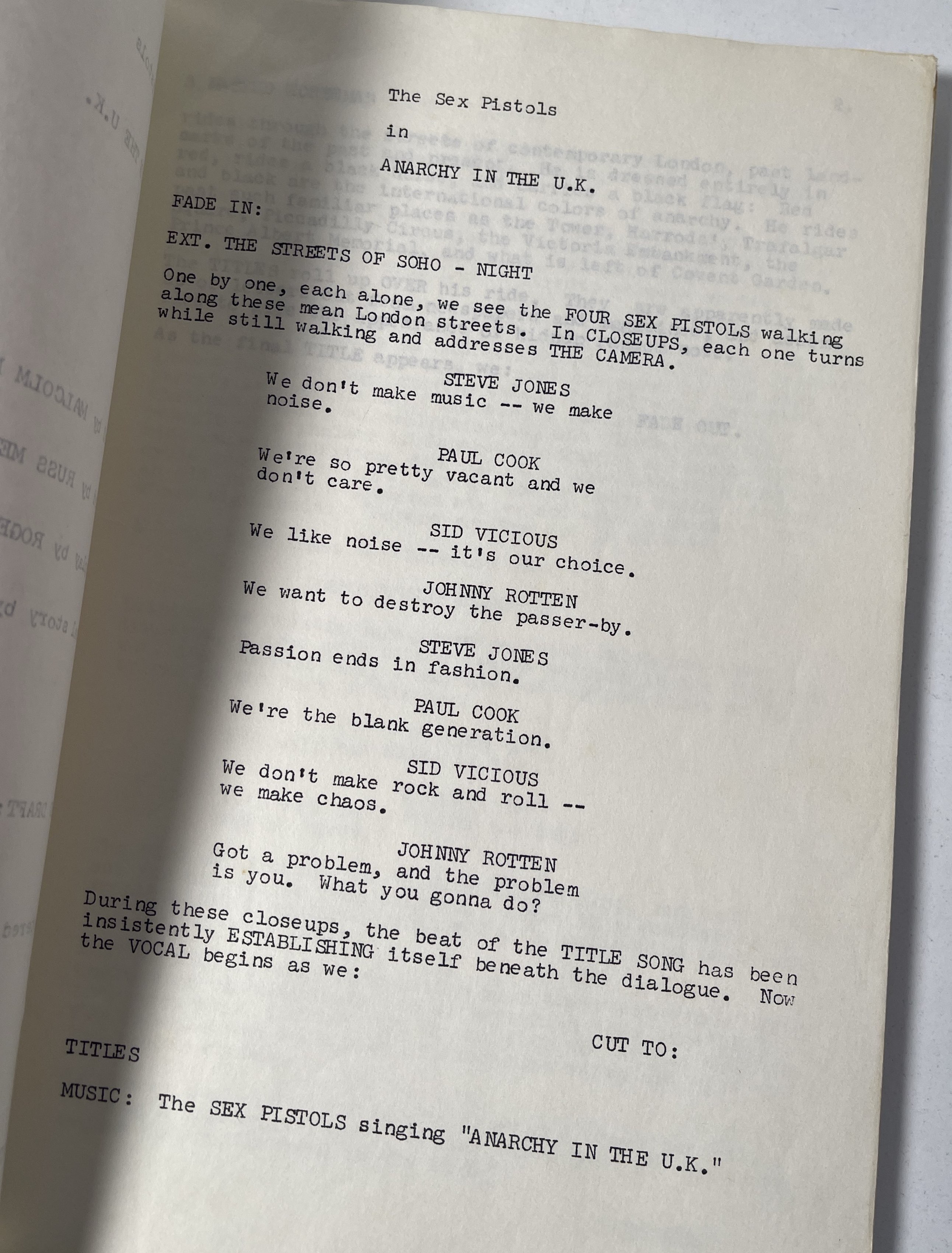 Lot 529 - THE SEX PISTOLS - EARLY DRAFT SCRIPT FOR