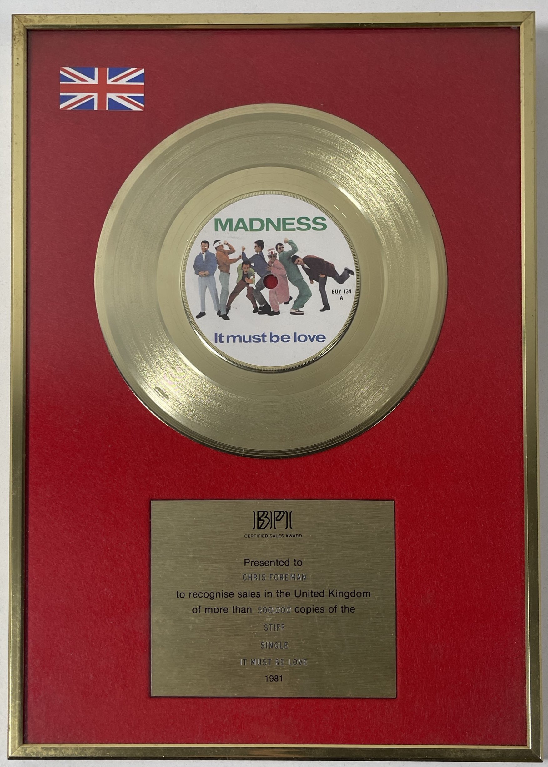 Lot 259 - MADNESS - ORIGINAL BPI GOLD DISC AWARD