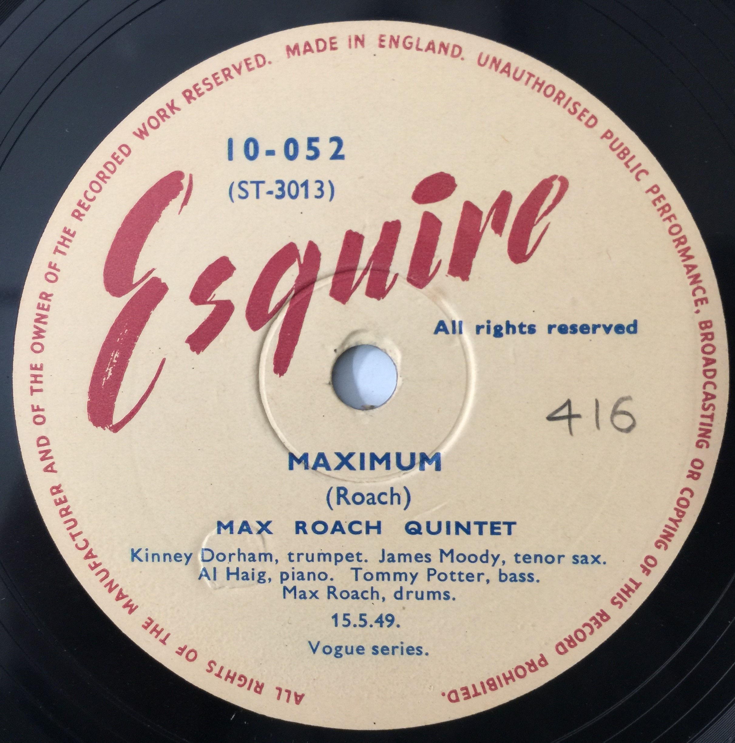Lot 693 - MAX ROACH QUARTET - MAXIMUM 10" (SHELLAC