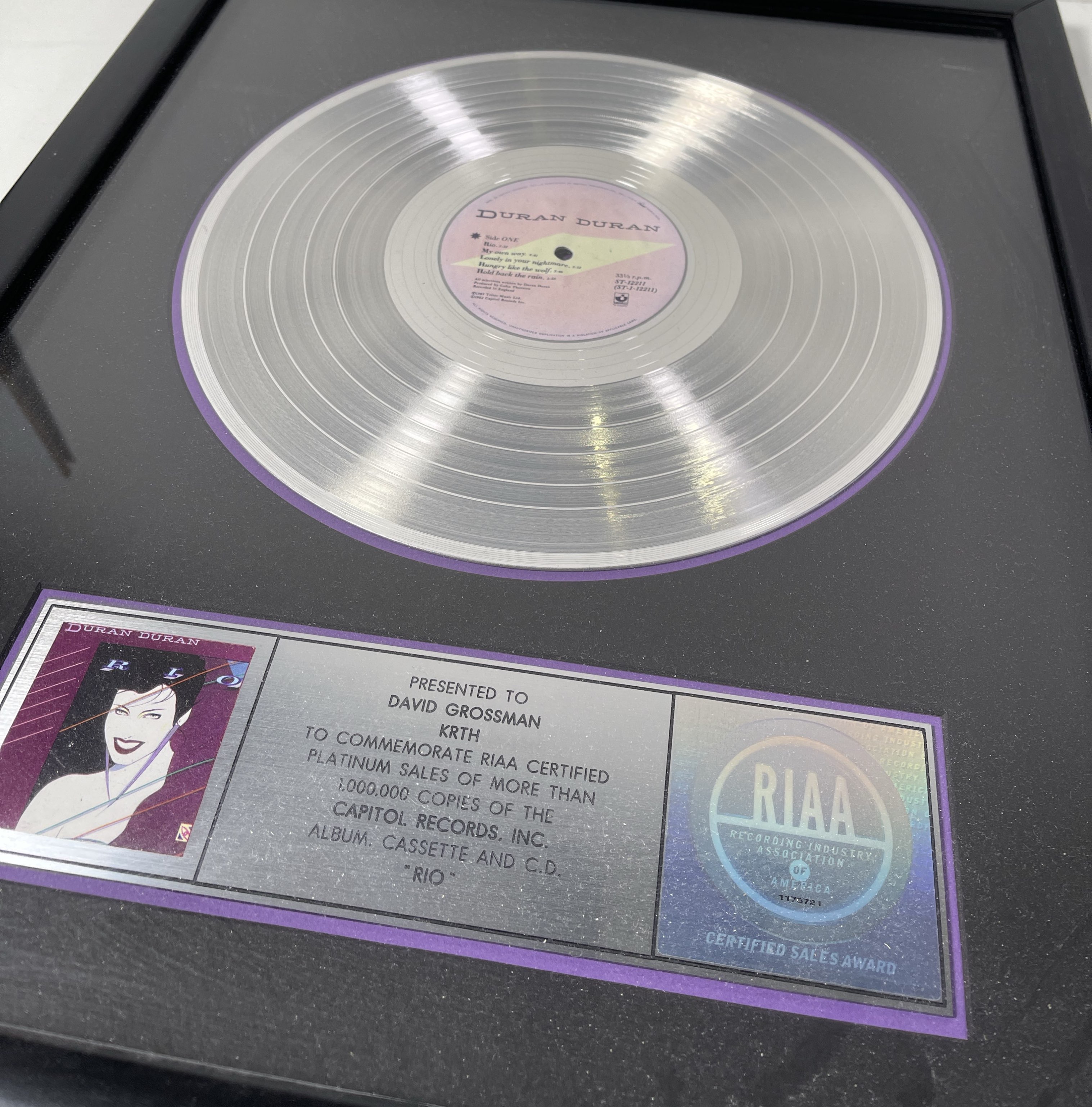 Lot 391 - DURAN DURAN - OFFICIAL US RIAA PLATINUM