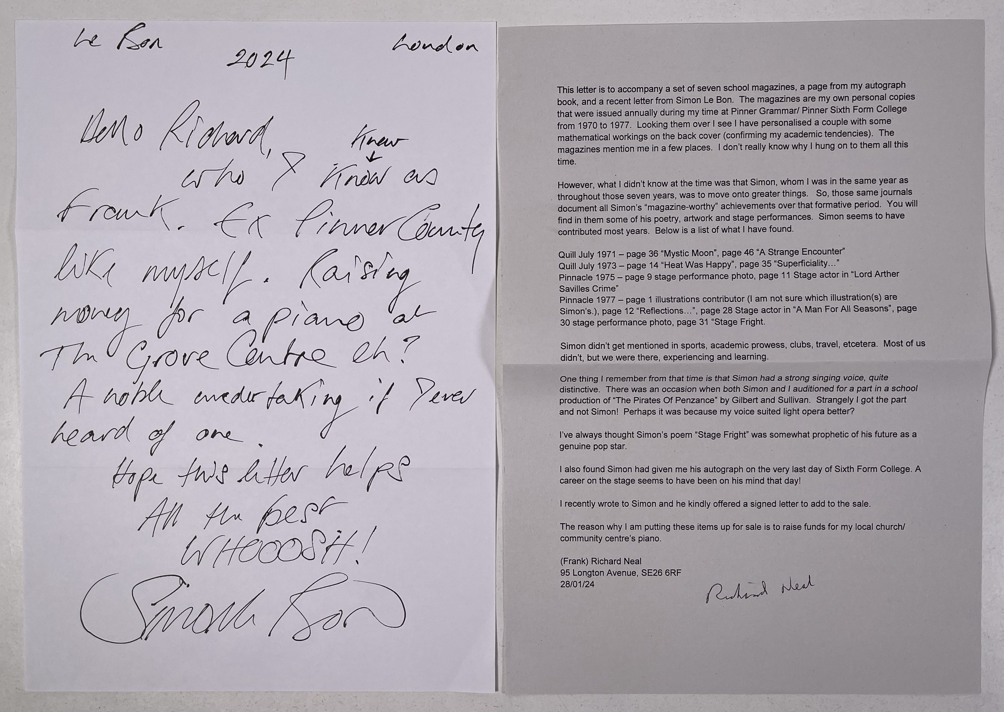 Lot 449 - DURAN DURAN INTEREST - SIMON LE BON SCHOOL