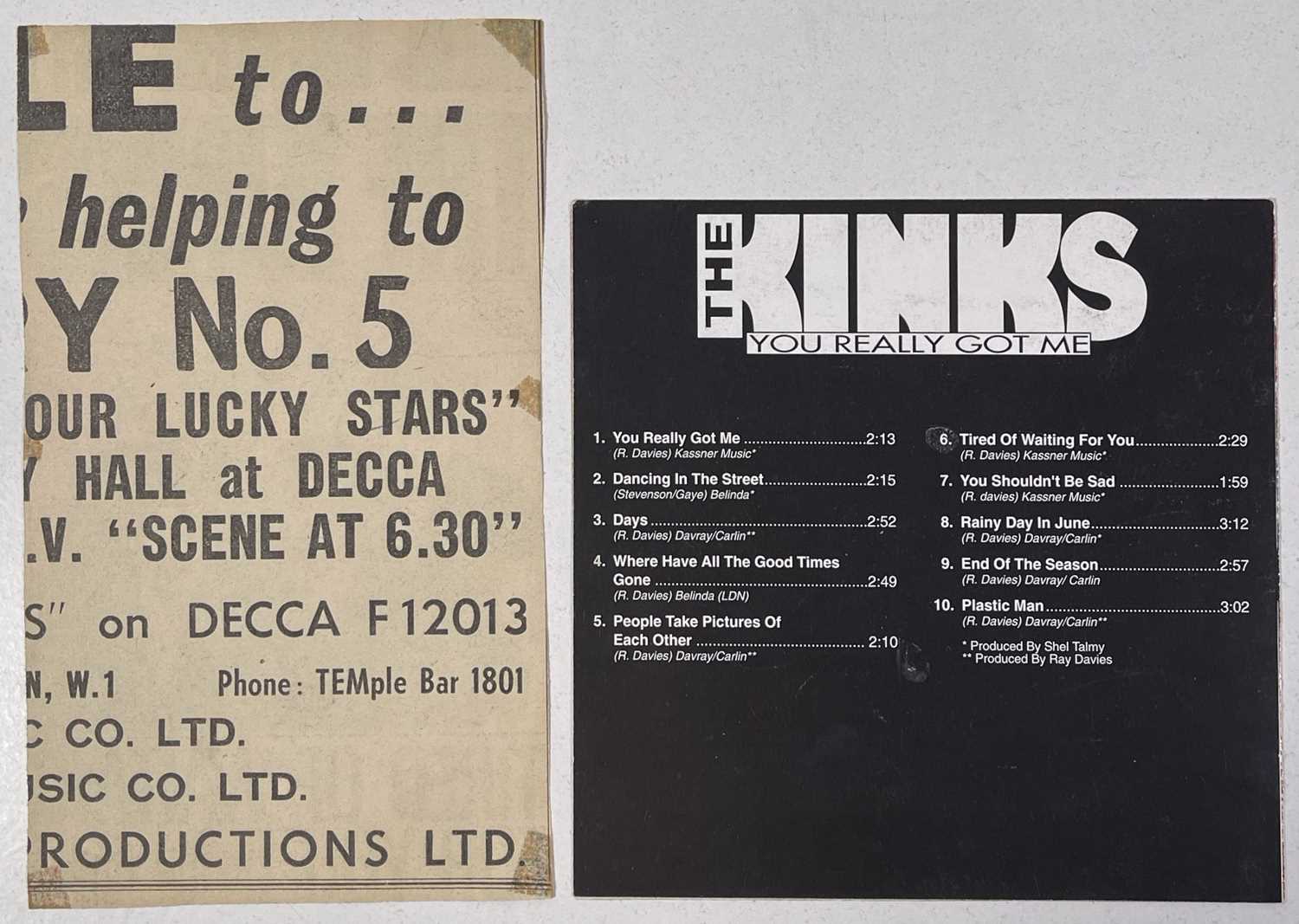 Lot 259 - THE KINKS - SIGNED C 1960S CUTTING AND CD