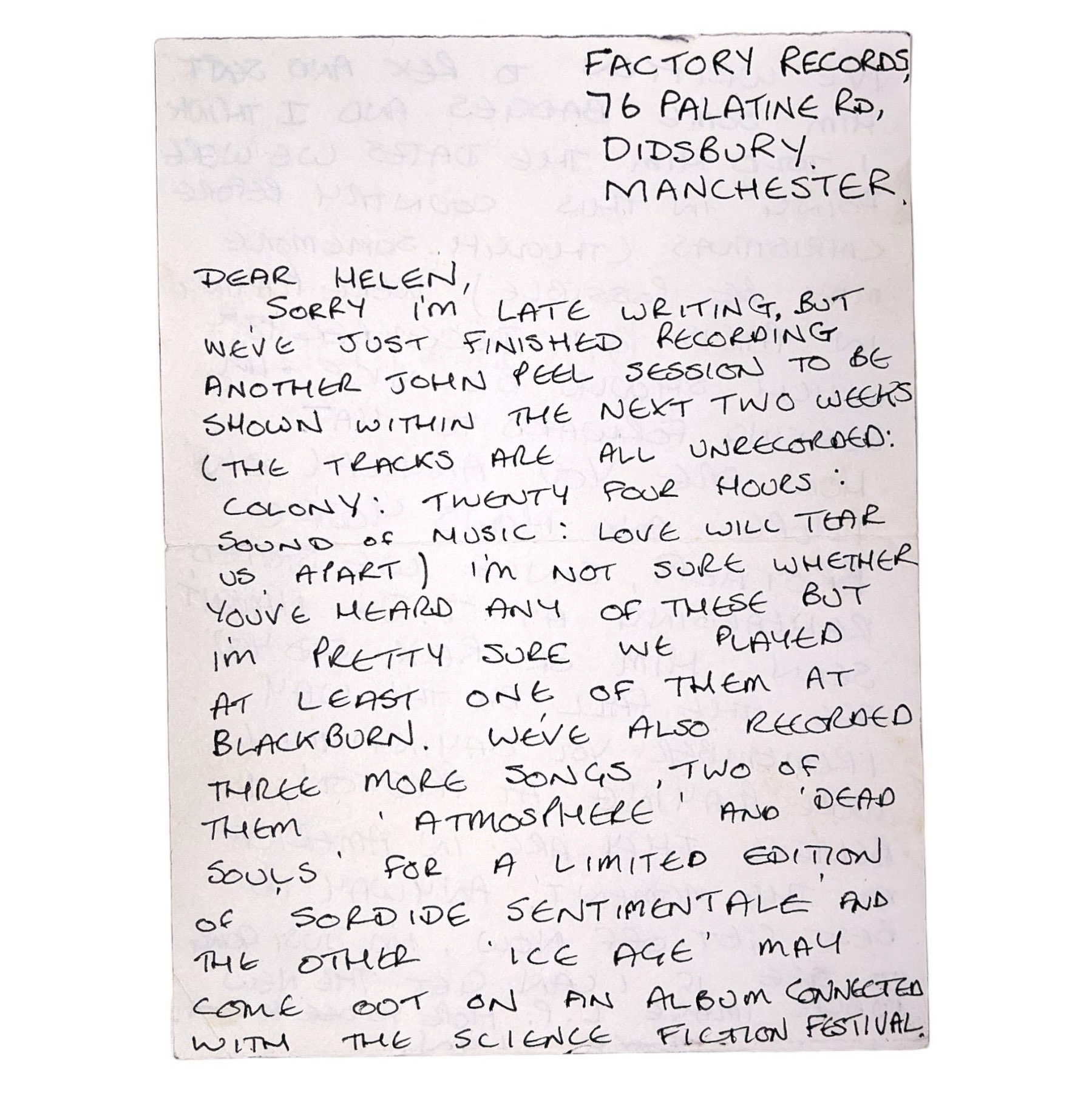 Lot 470 - JOY DIVISION - IAN CURTIS - A HANDWRITTEN