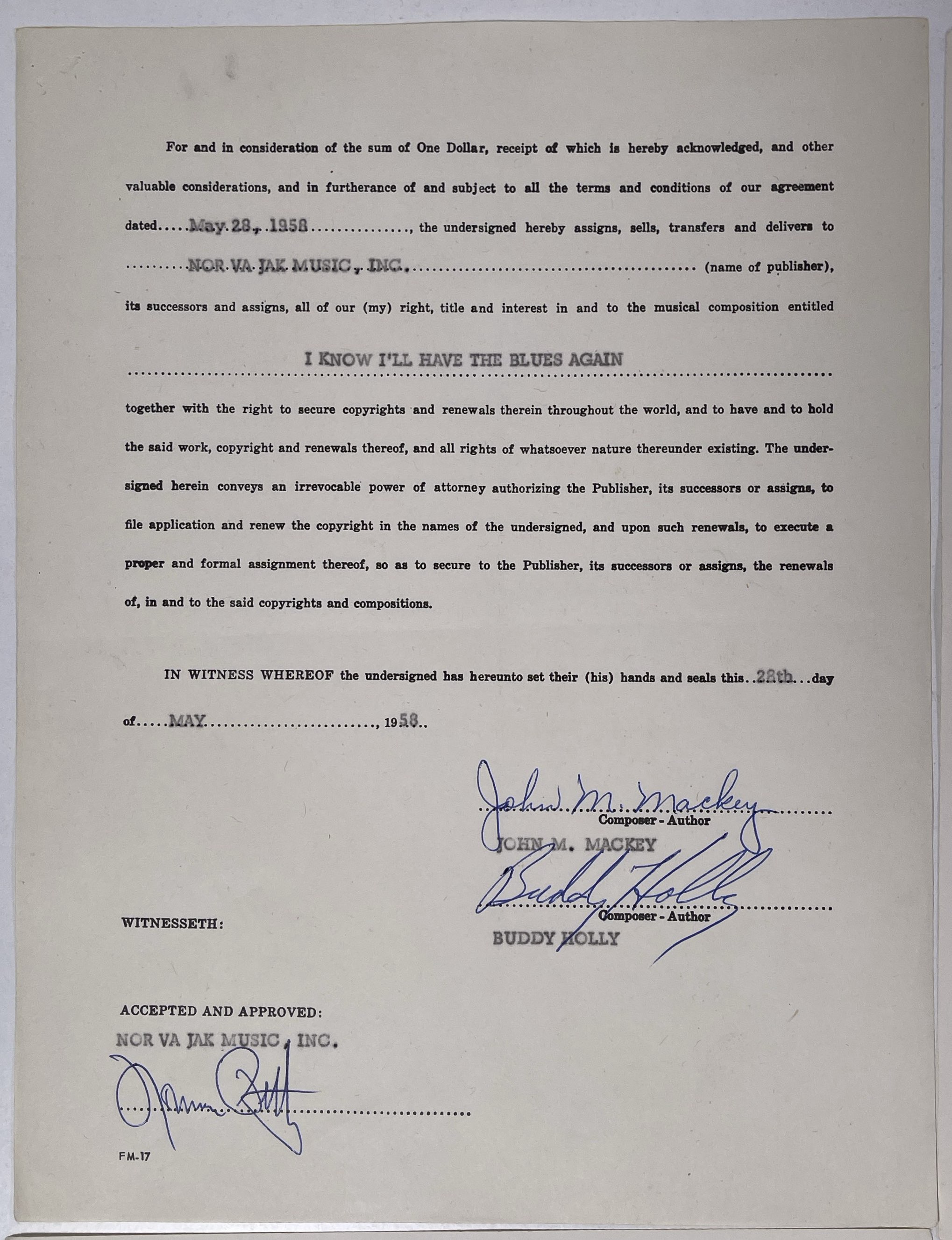 Lot 355 - BUDDY HOLLY - SIGNED CONTRACT PAGE / JERRY