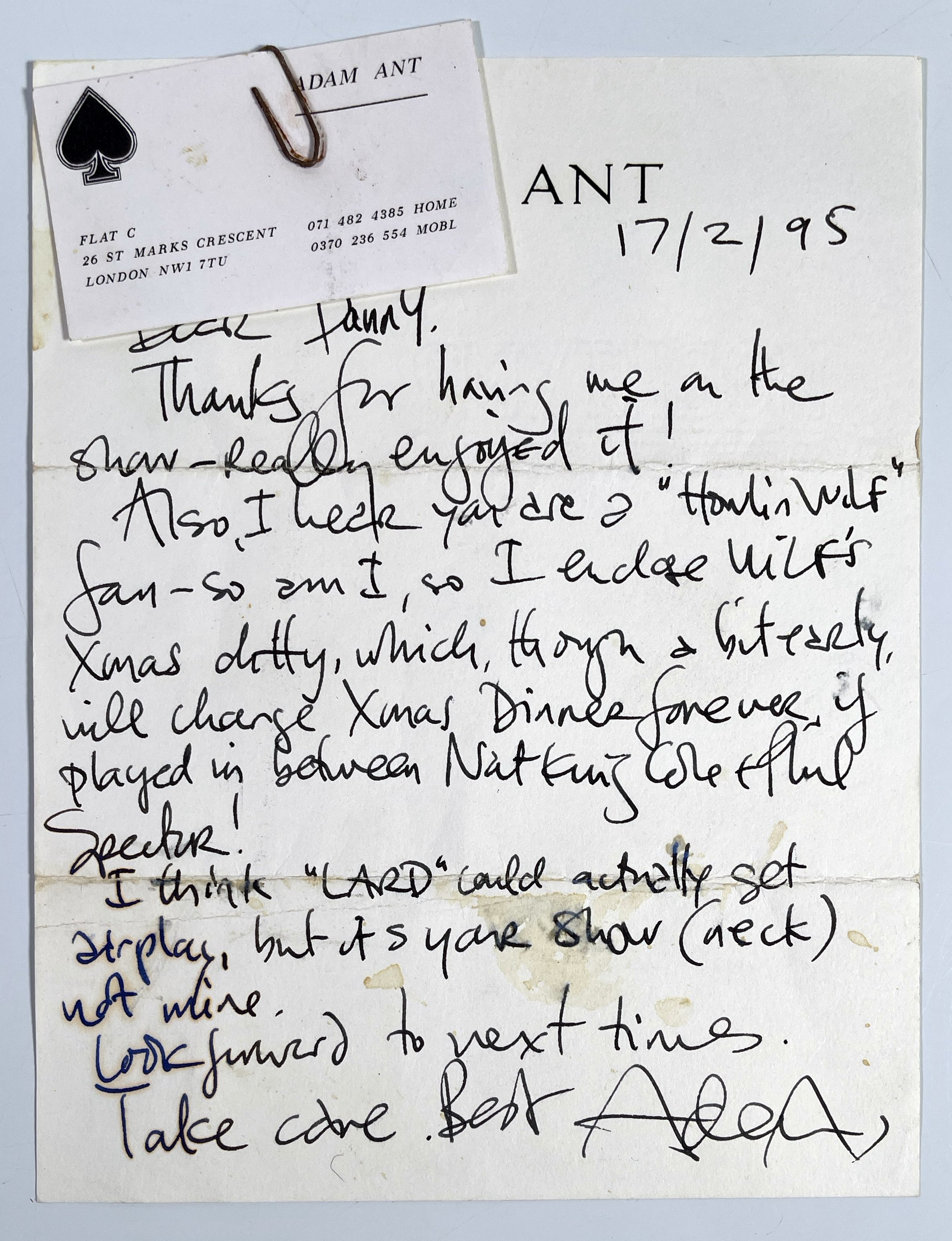 Lot 317 - ADAM AND THE ANTS - HANDWRITTEN LETTER
