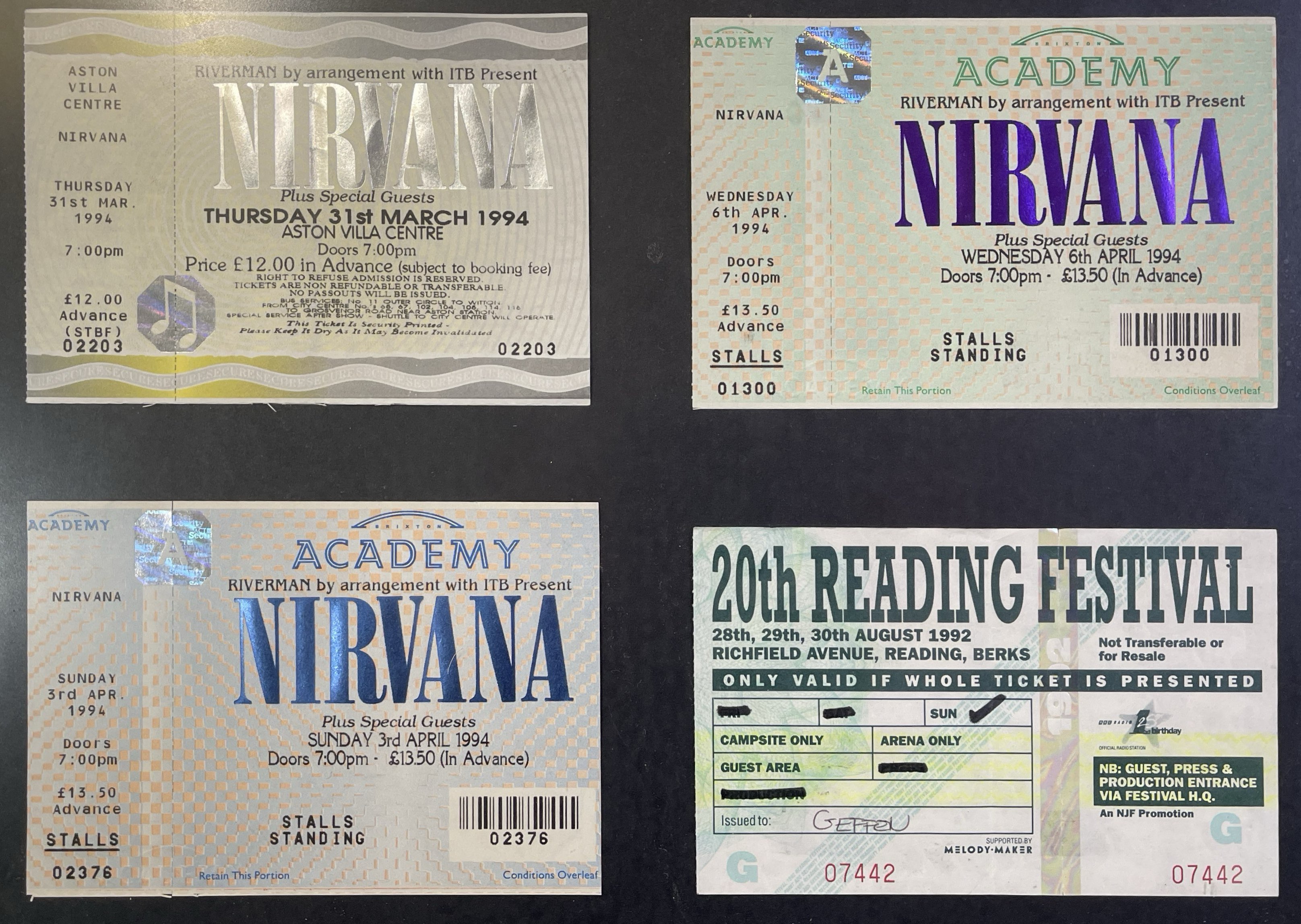 Lot 234 - NIRVANA - DISPLAY WITH NINE UNUSED TICKETS.