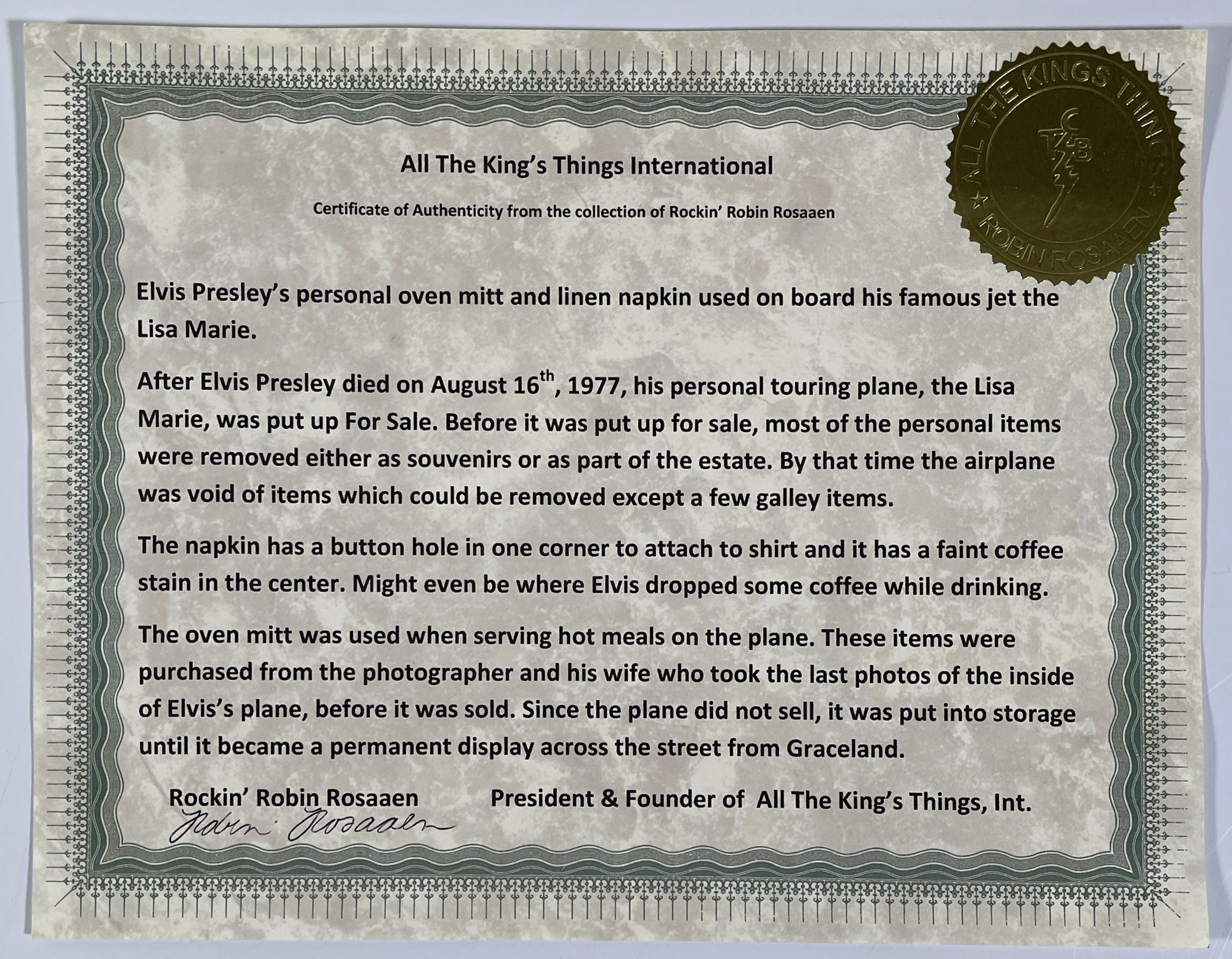 Lot 394 - ELVIS PRESLEY - ITEMS FROM ELVIS' PLANE