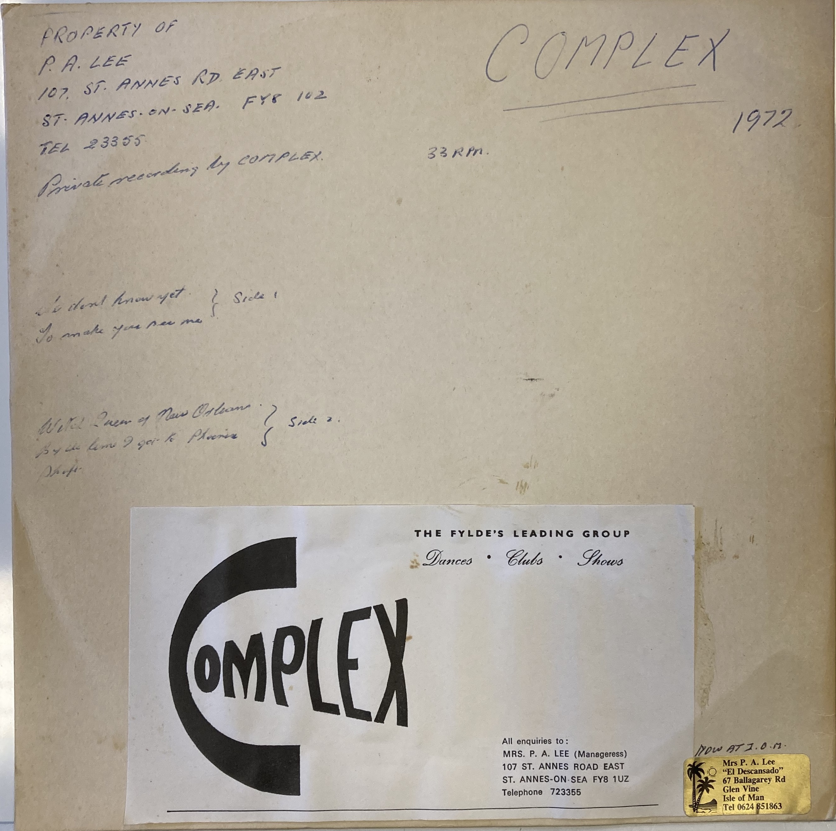 Lot 308 - COMPLEX - 'UNTITLED' UNRELEASED 10" LP