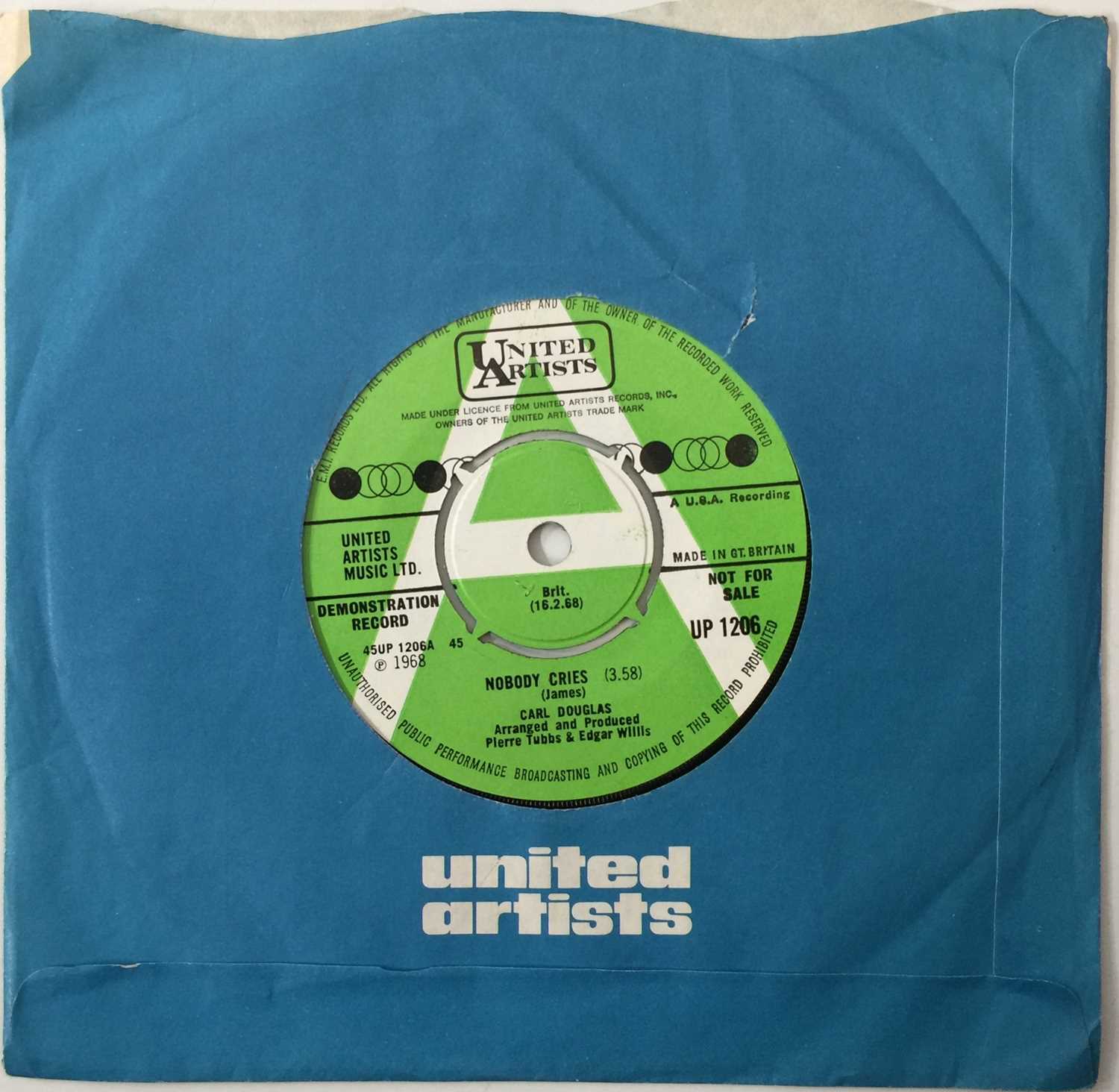 Lot 329 - CARL DOUGLAS - NOBODY CRIES 7" (DEMO - UP