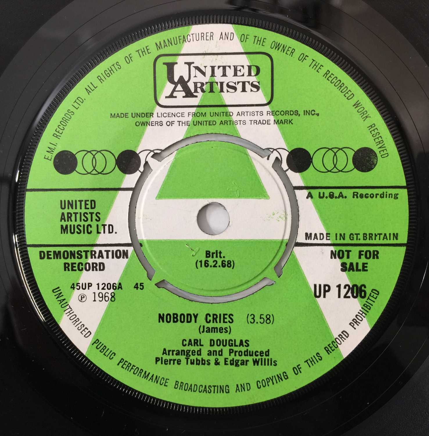 Lot 329 - CARL DOUGLAS - NOBODY CRIES 7" (DEMO - UP
