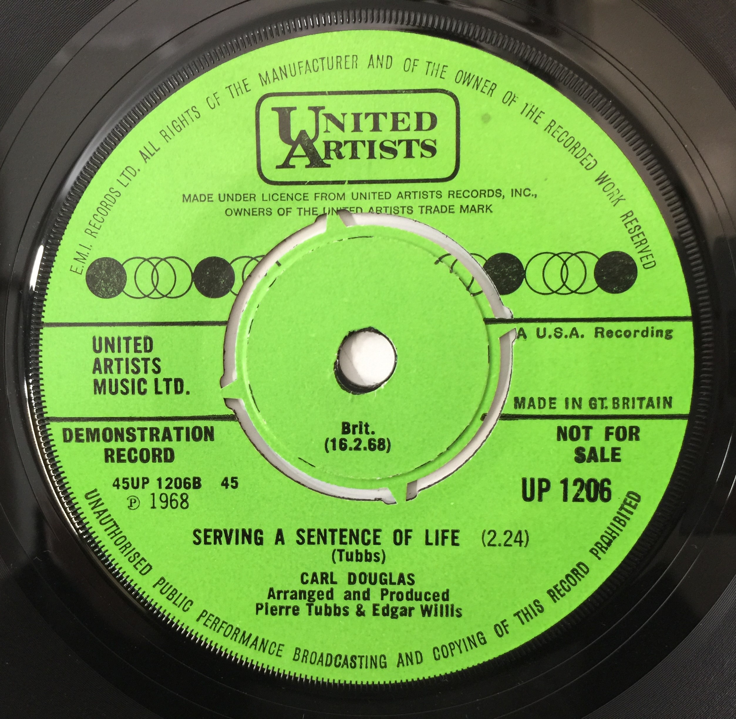 Lot 329 - CARL DOUGLAS - NOBODY CRIES 7" (DEMO - UP