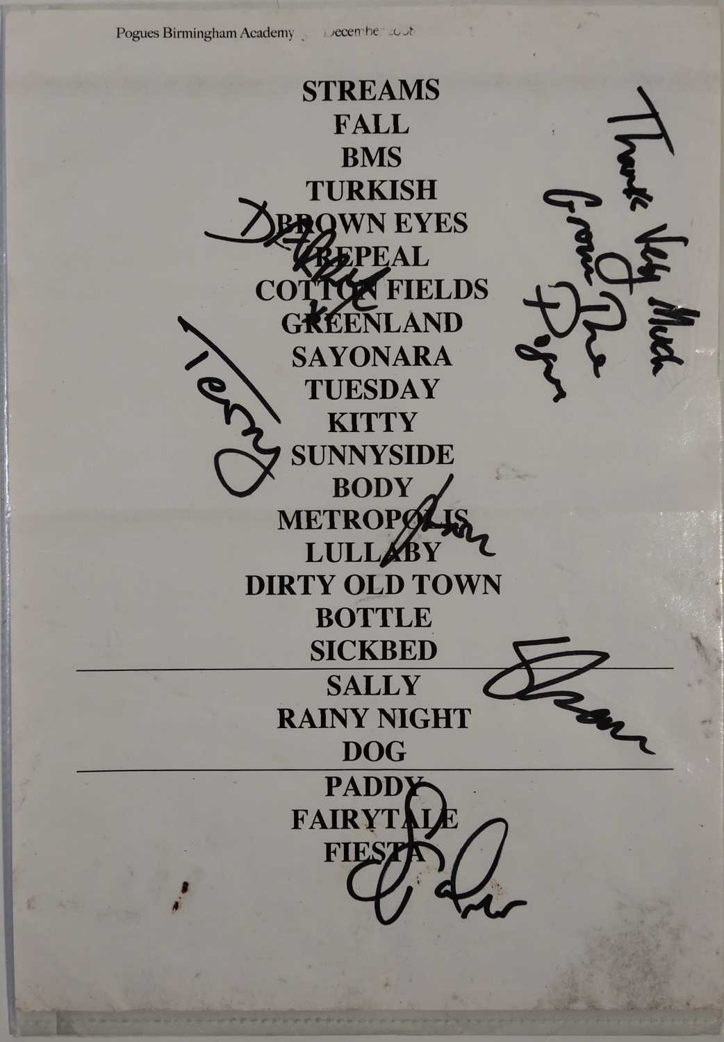 Lot 61 - THE POGUES - FULLY SIGNED SETLIST.