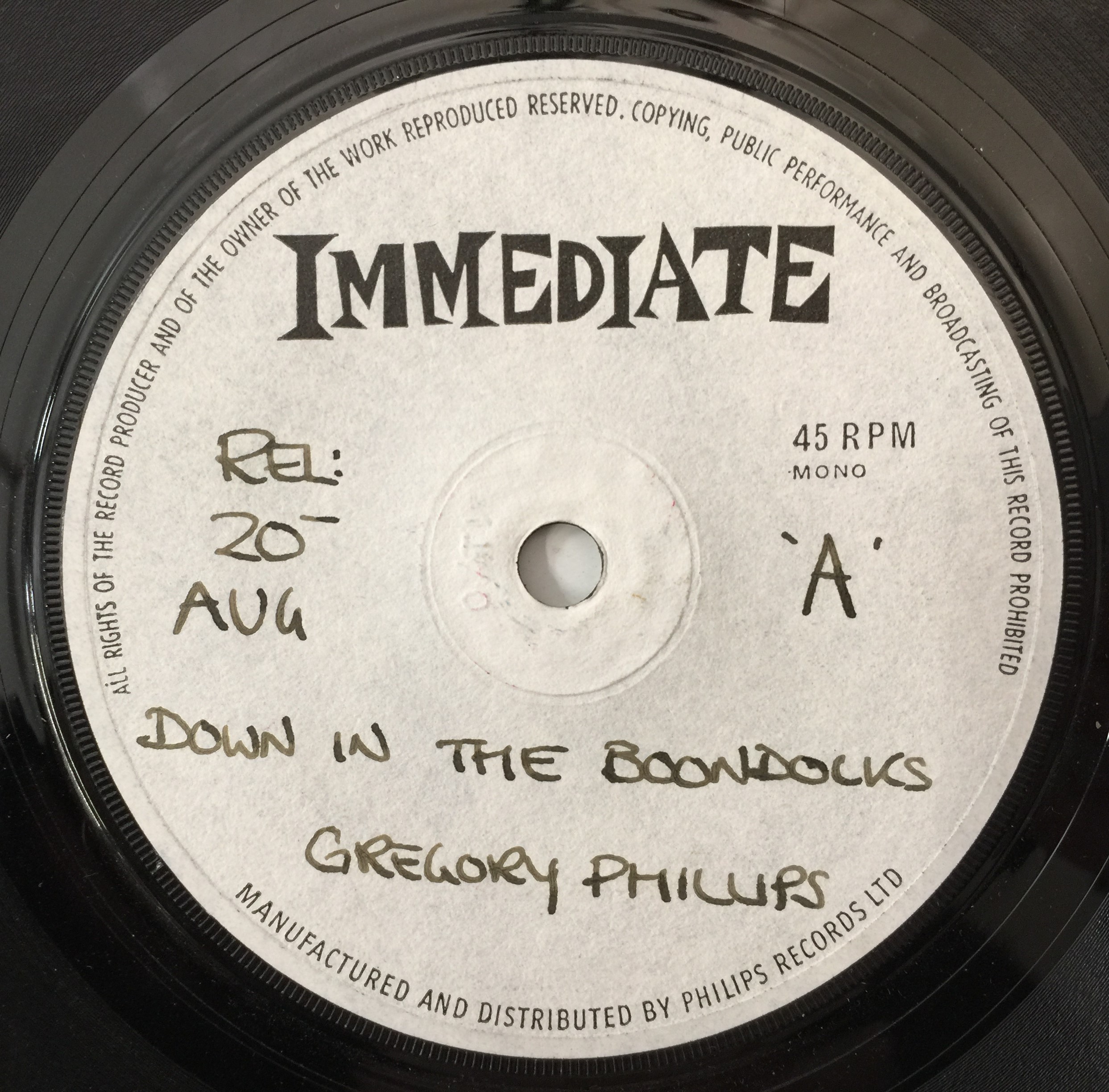 Lot 329 - GREGORY PHILLIPS - DOWN IN THE BOONDOCKS 7"