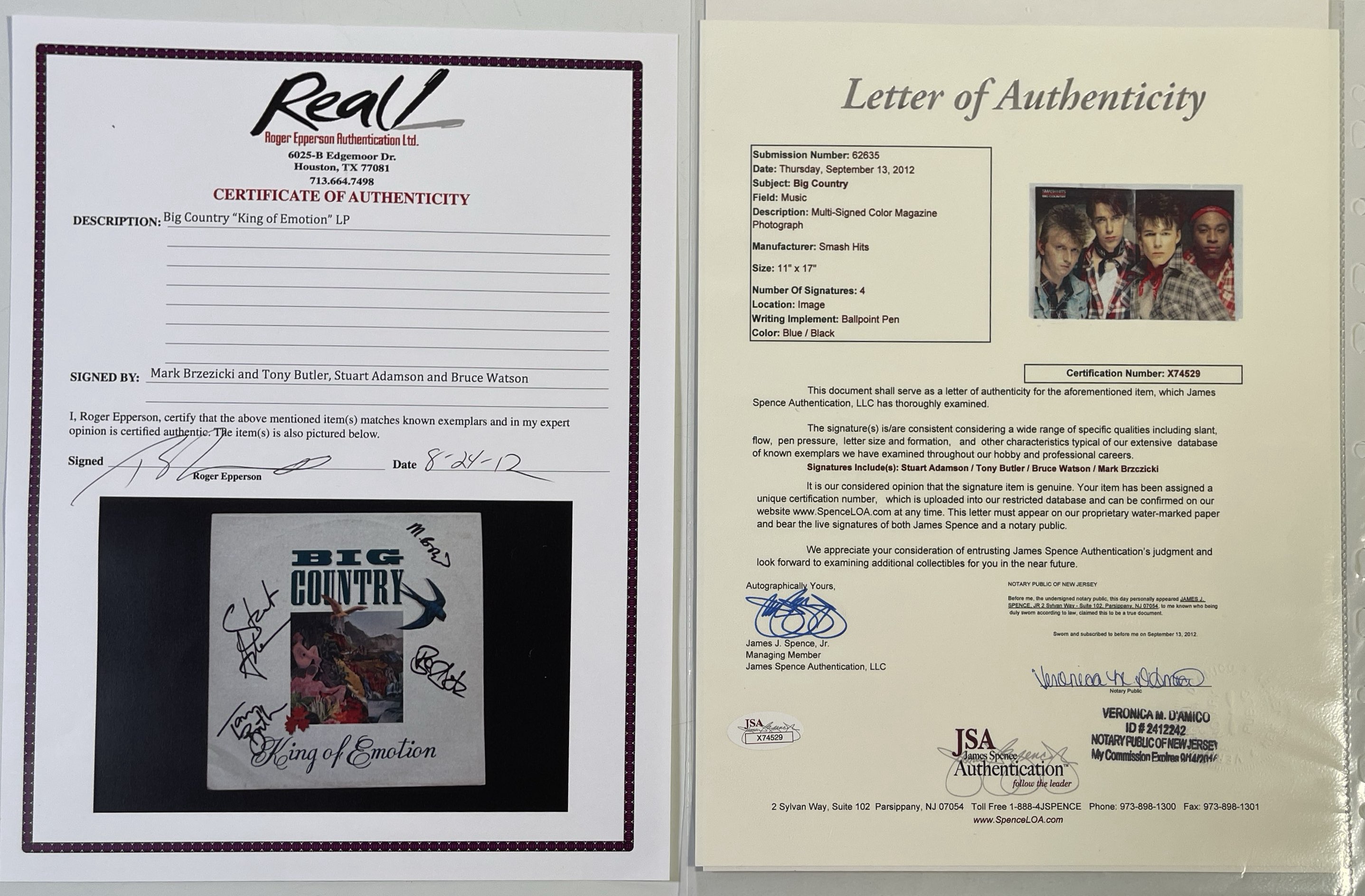 Lot 344 - BIG COUNTRY SIGNED LP AND MAGAZINE PAGE.