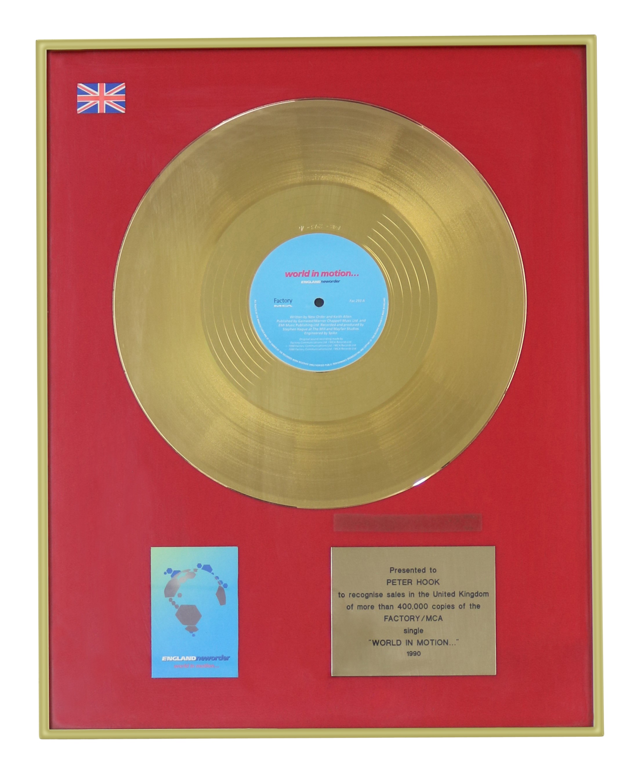 Lot 50 - NEW ORDER WORLD IN MOTION UK GOLD DISC AWARD