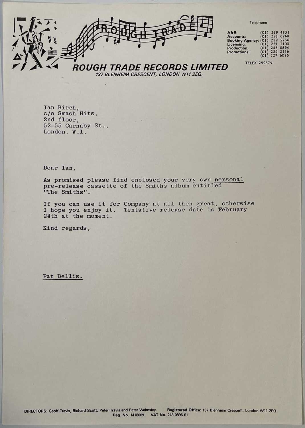 Lot 140 - THE SMITHS - 1984 PRESS LETTER TO SMASH HITS
