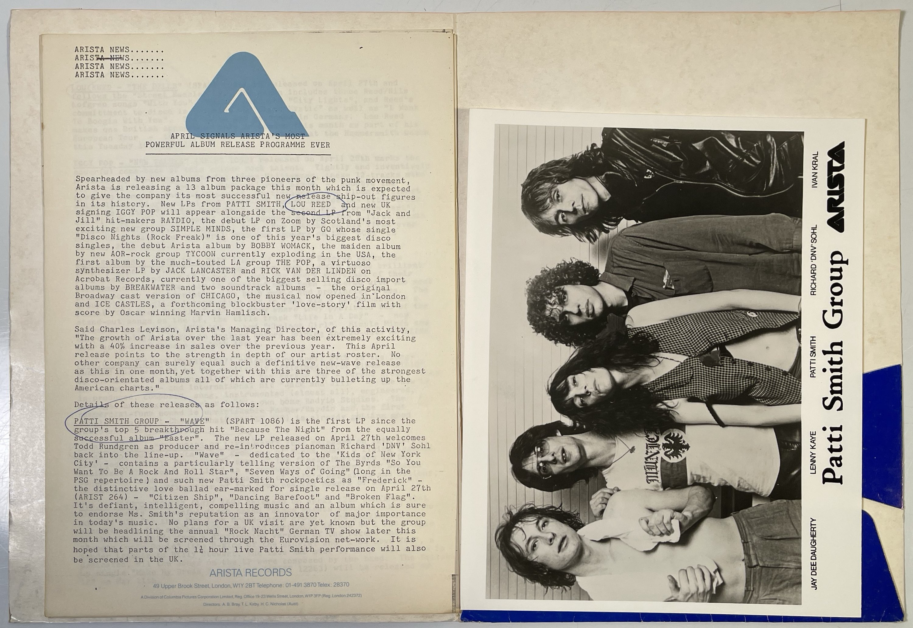Lot 455 - PUNK MEMORABILIA - PATTI SMITH - PRESS KITS.