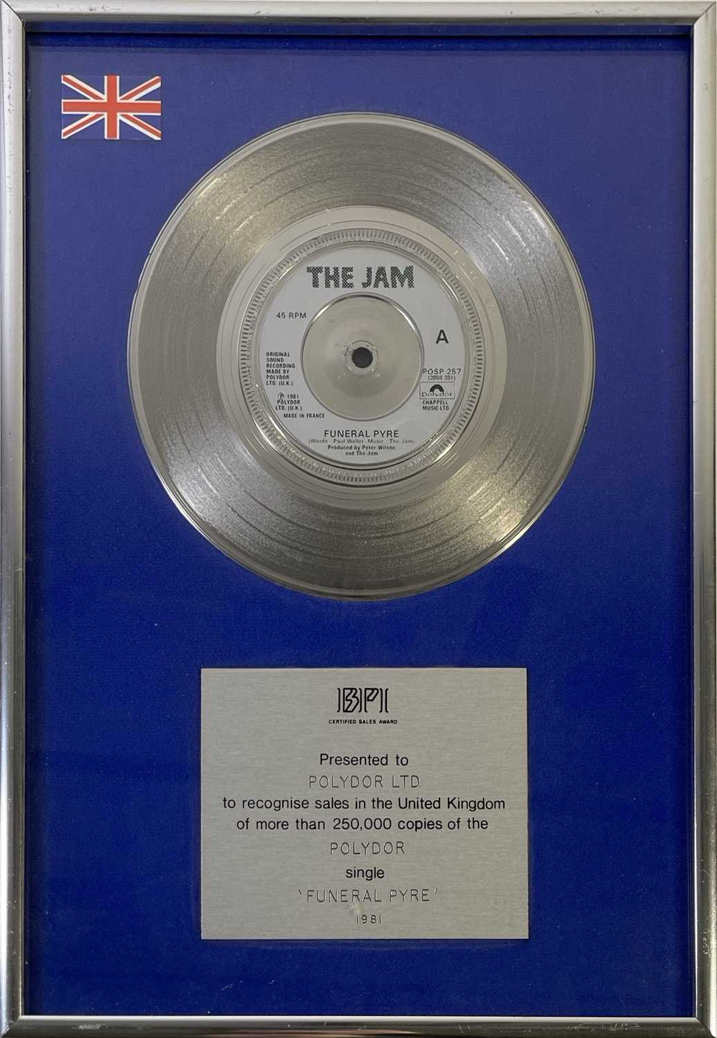 Lot 438 - THE JAM - BPI SILVER DISC AWARD FOR 'FUNERAL