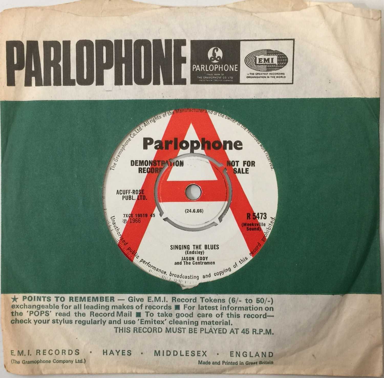 Lot 306 - JASON EDDY - SINGING THE BLUES 7" (DEMO