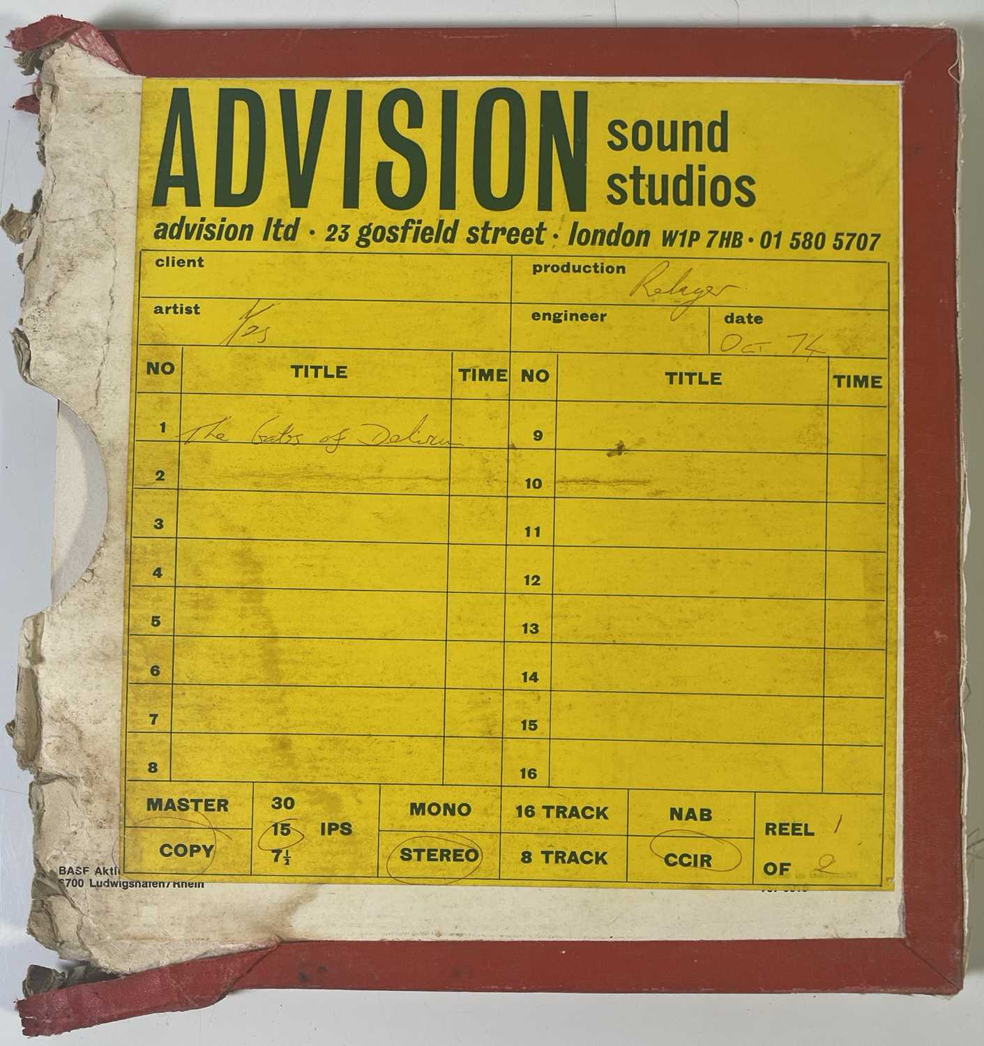 Lot 508 - YES - ORIGINAL ADVISION SOUND STUDIOS TAPE