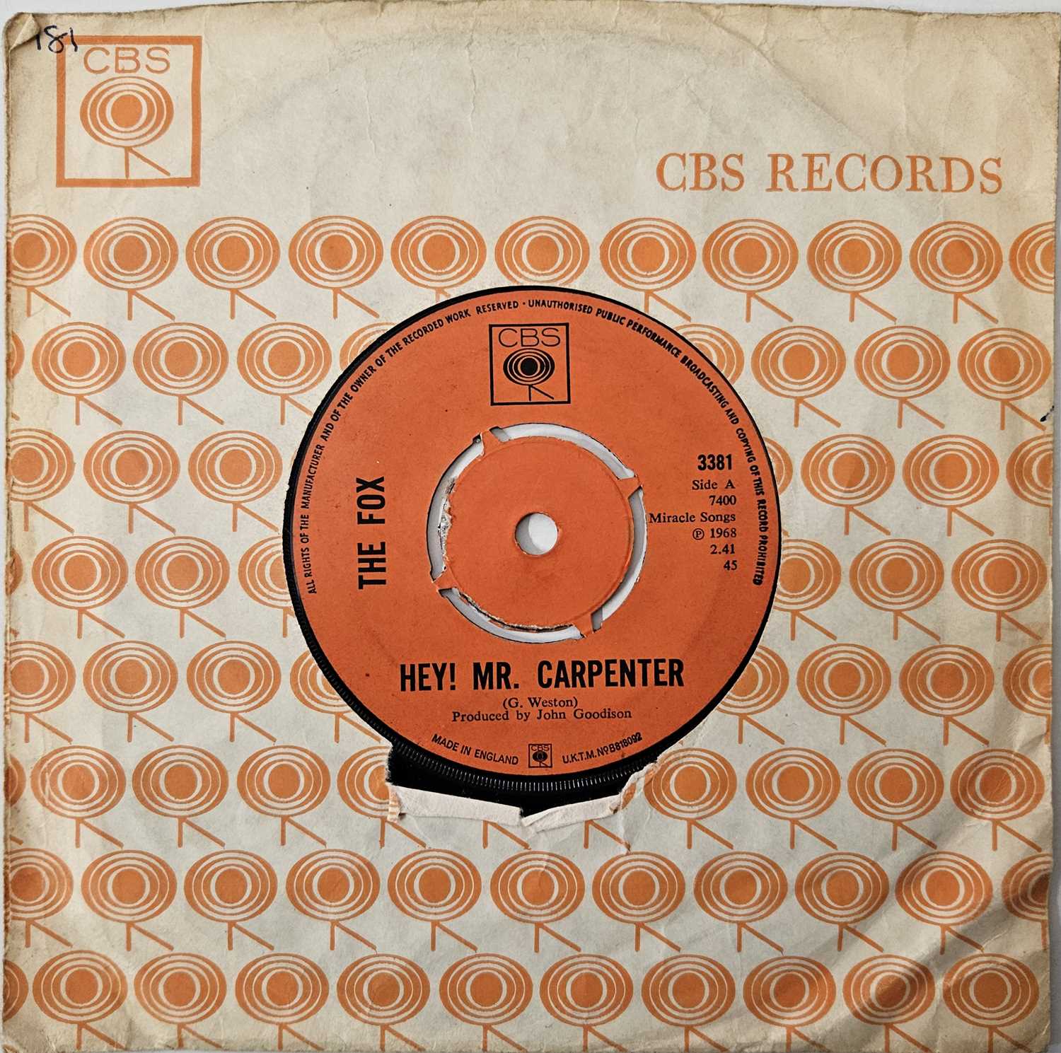 Lot 313 - THE FOX - HEY! MR. CARPENTER 7" (ORIGINAL UK