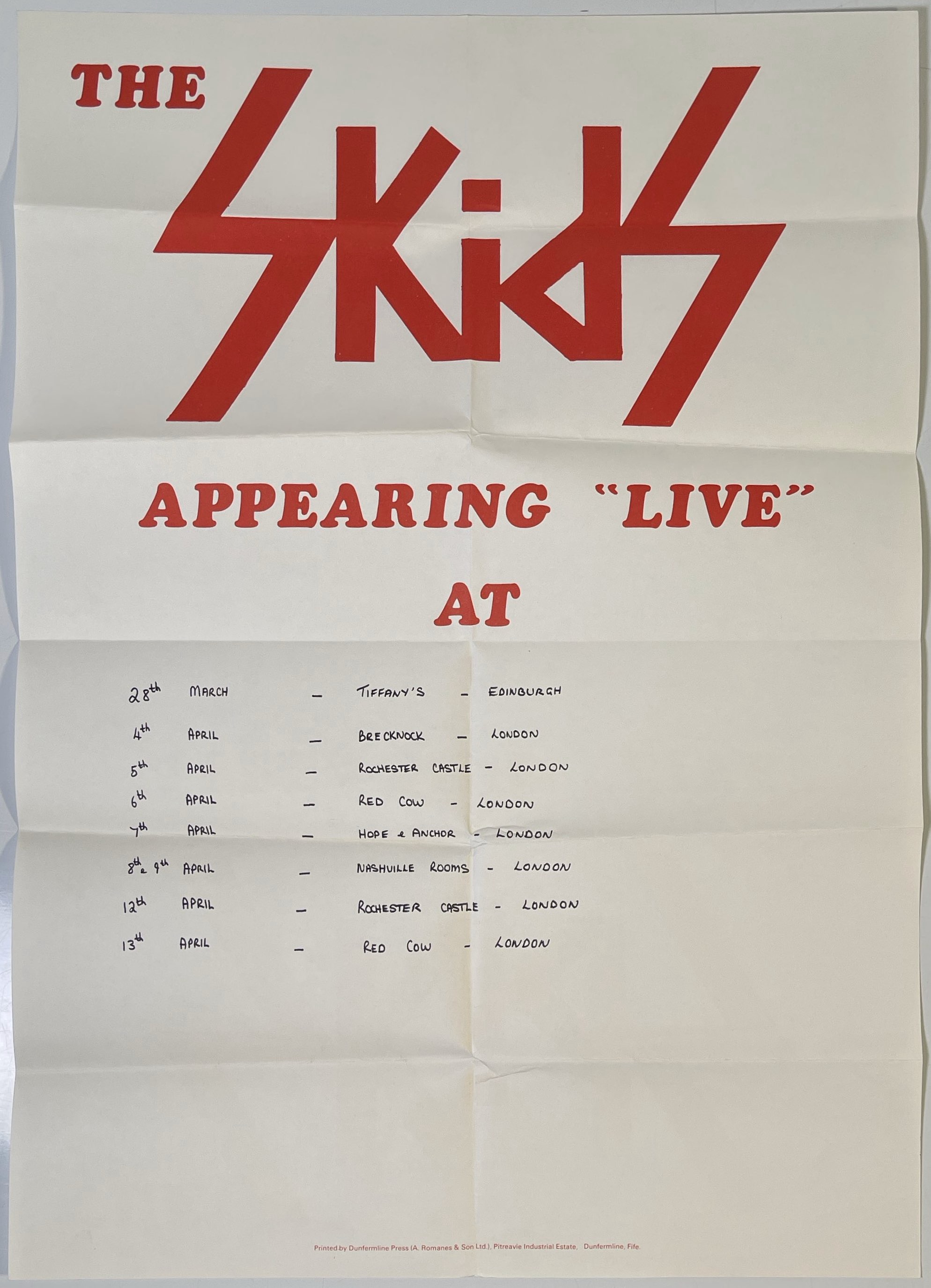Lot 410 - THE SKIDS - ORIGINAL 1978 TOUR POSTER AND