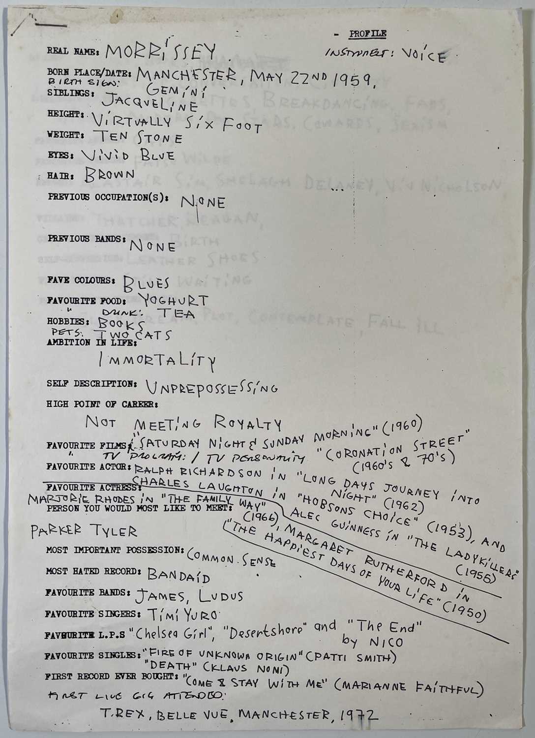 Lot 206 - THE SMITHS - HANDWRITTEN QUESTIONNAIRE
