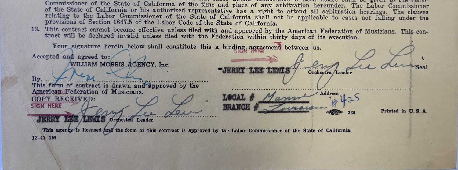 Lot 339 - JERRY LEE LEWIS - TWICE SIGNED 1957 CONTRACT.