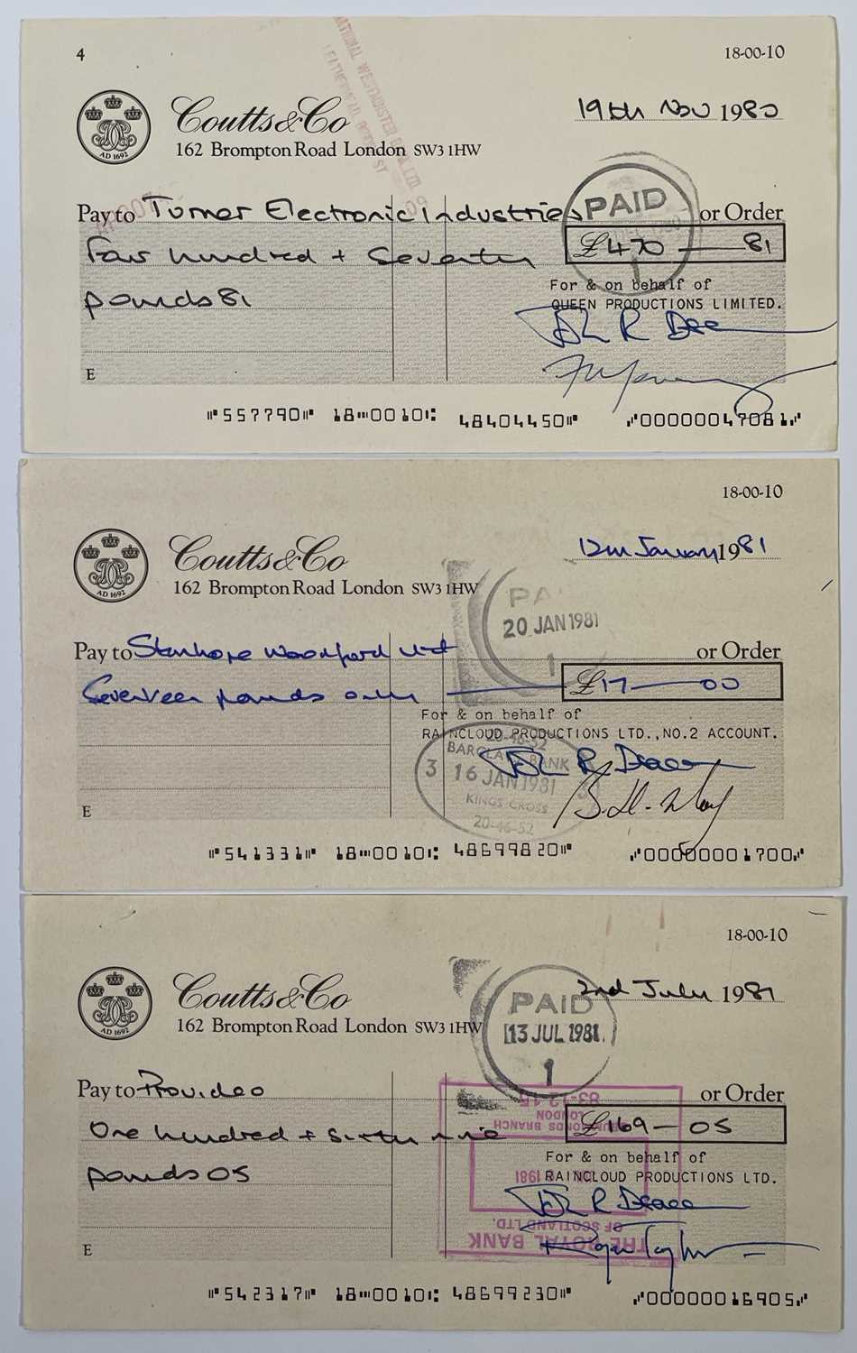 Lot 549 - QUEEN - A SET OF THREE C 1970S CHEQUES